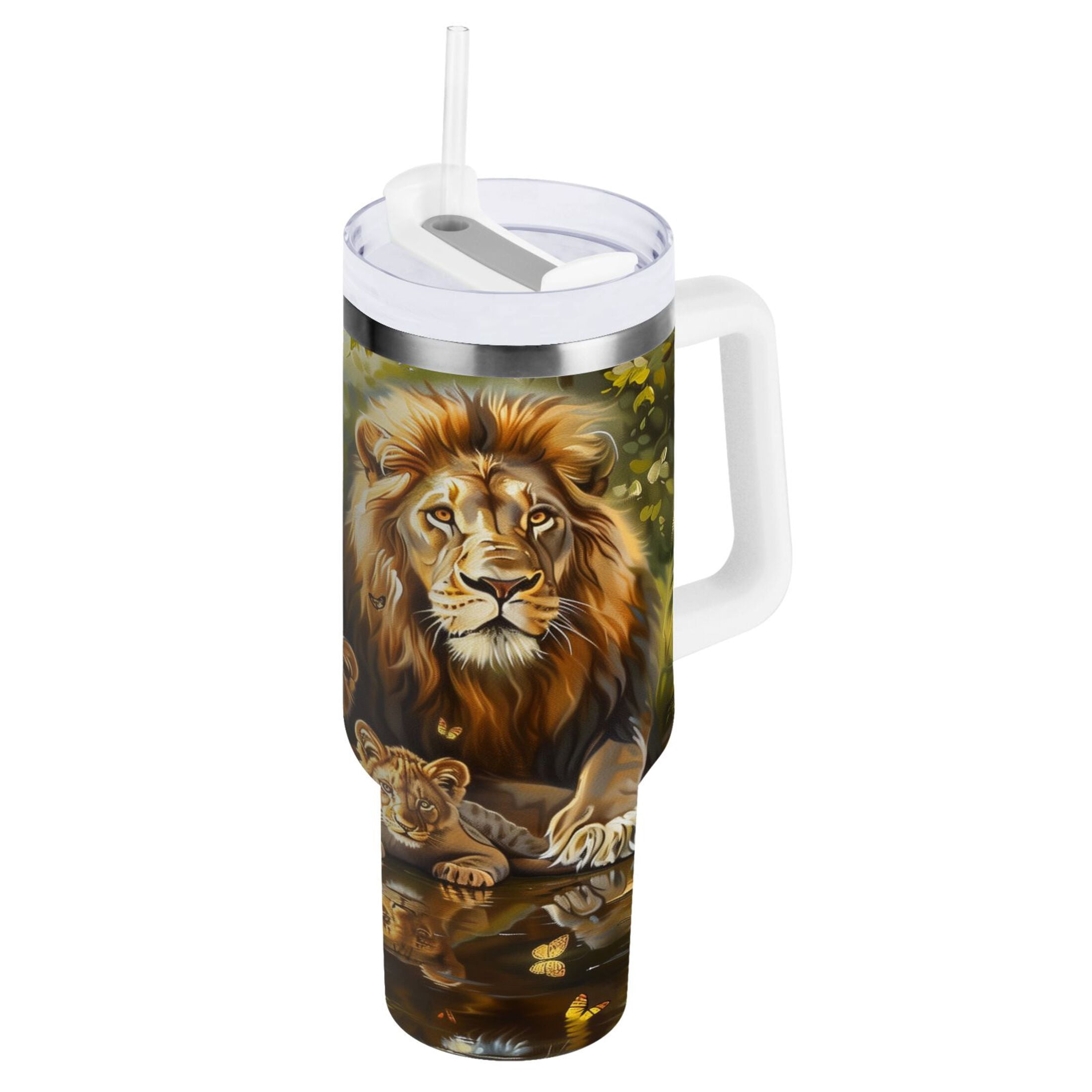 Lion Family Sitting by Water Tumbler with Handle and Straw Lid 40 oz ...