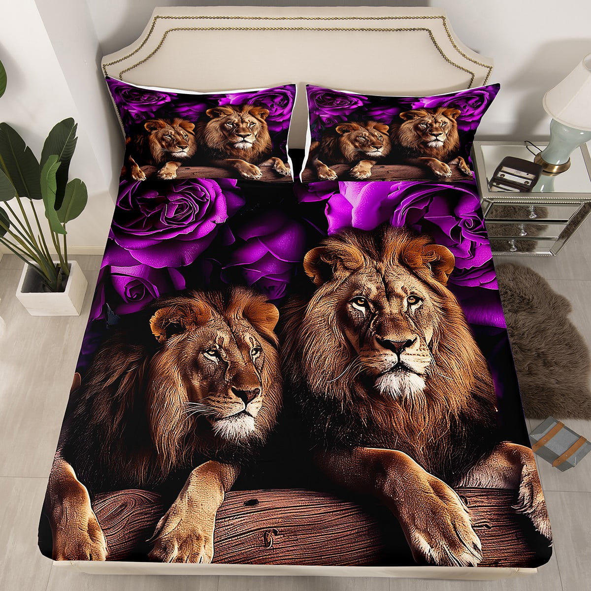 Lion Fitted Sheet Purple Rose Sheets,Western Bed Sheets Full,Animals ...