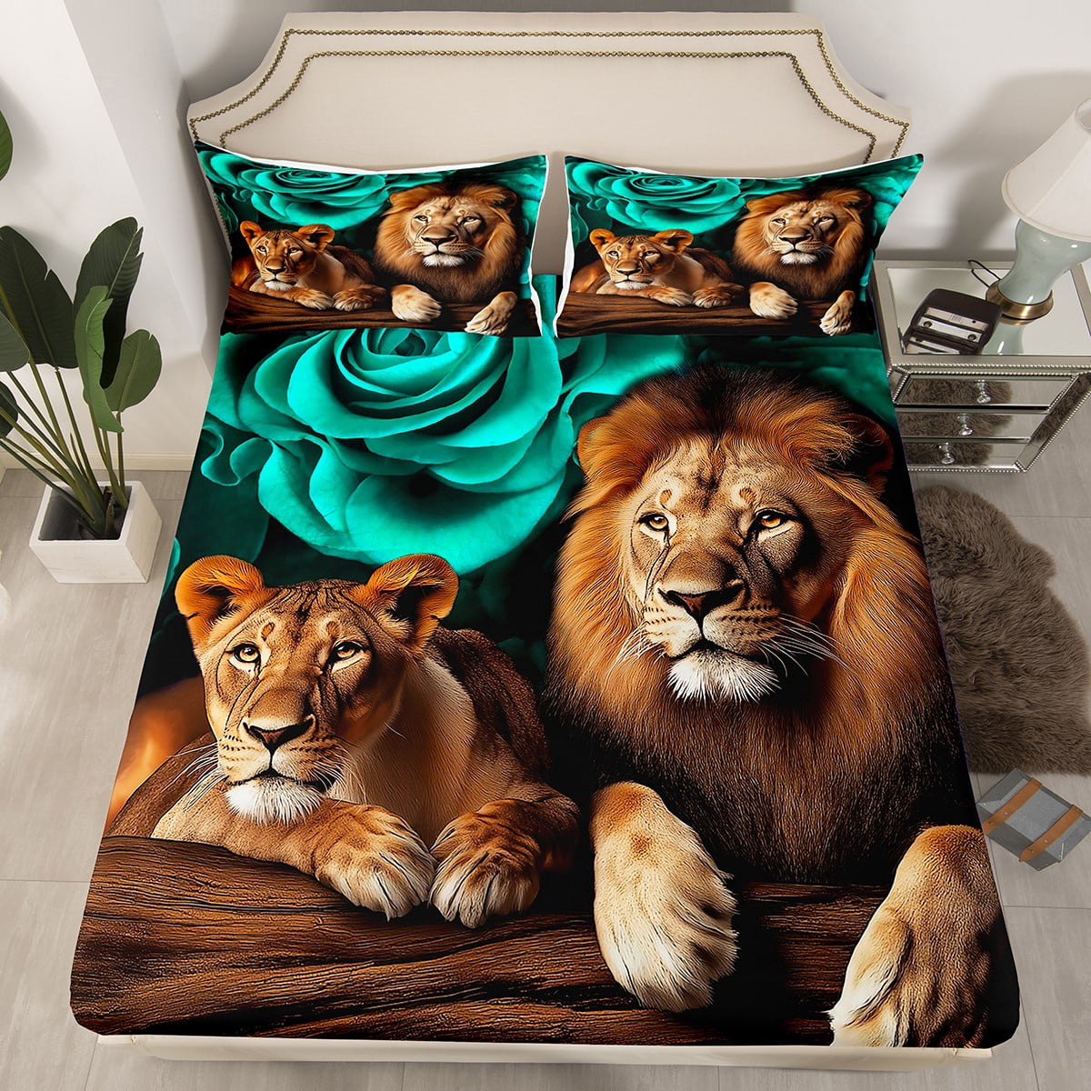 Lion Fitted Sheet Teal Rose Bed Sheets Queen,Western Sheets Animals ...