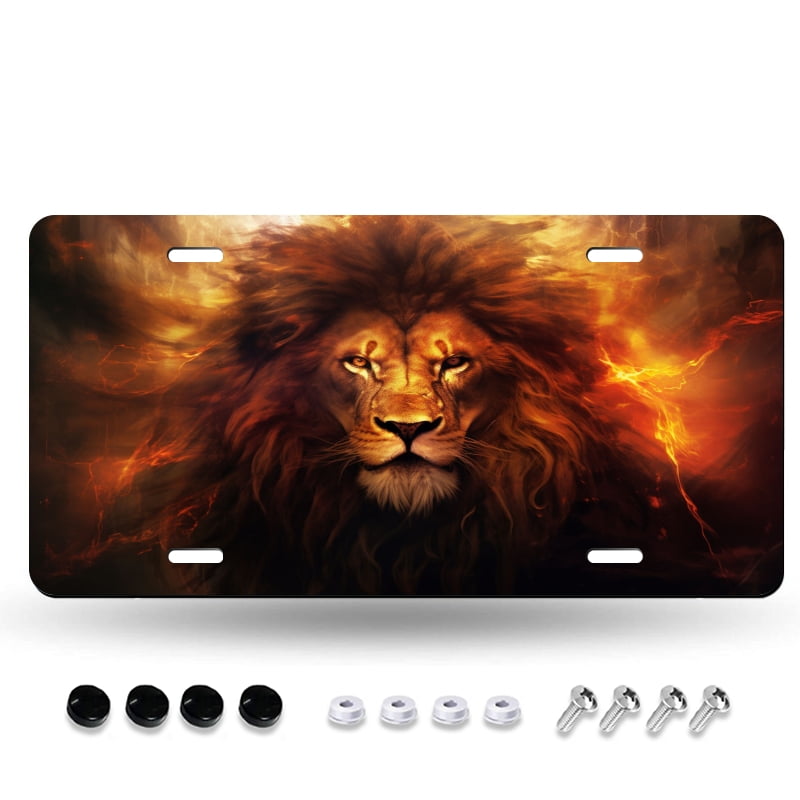 Lion with Flames and Lightning in The Background License Plate Frame ...