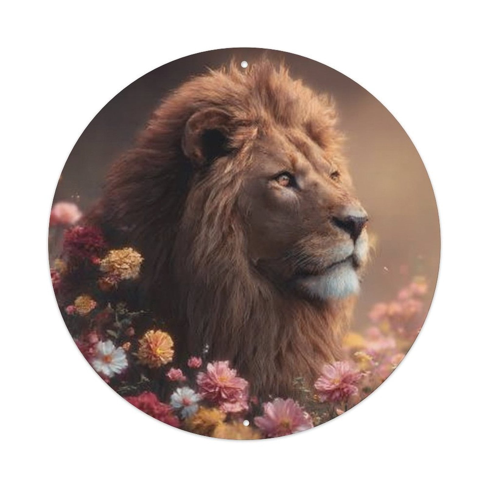 Lion Flowers Golden Mane7.9x7.9in Round Aluminum Plaque Wall Art, UV ...