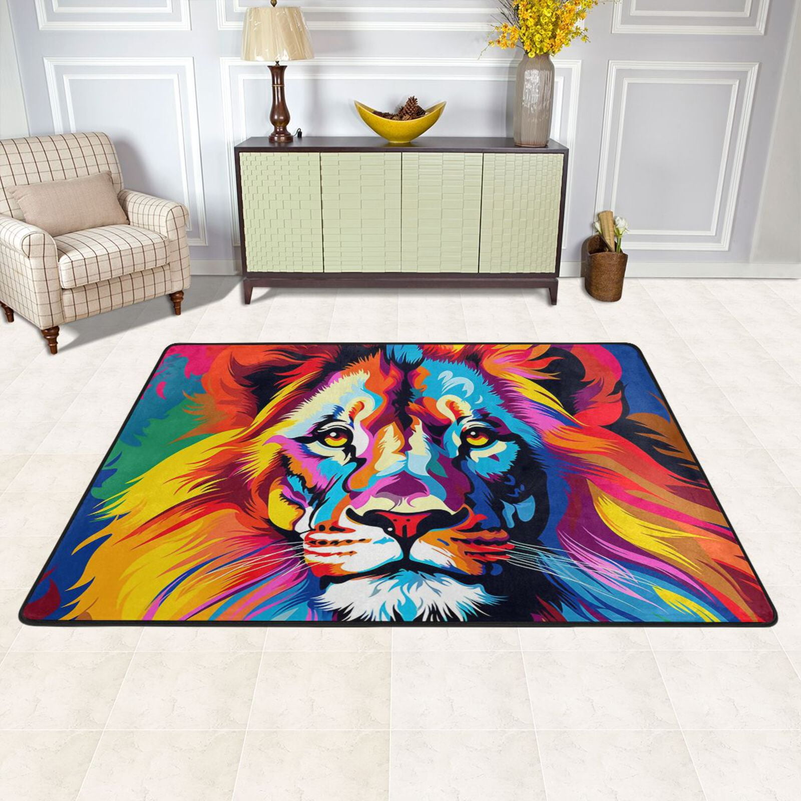 Lion Head Area Rug Washable 72 x 48 Floor Carpet Mat Non Slip for ...