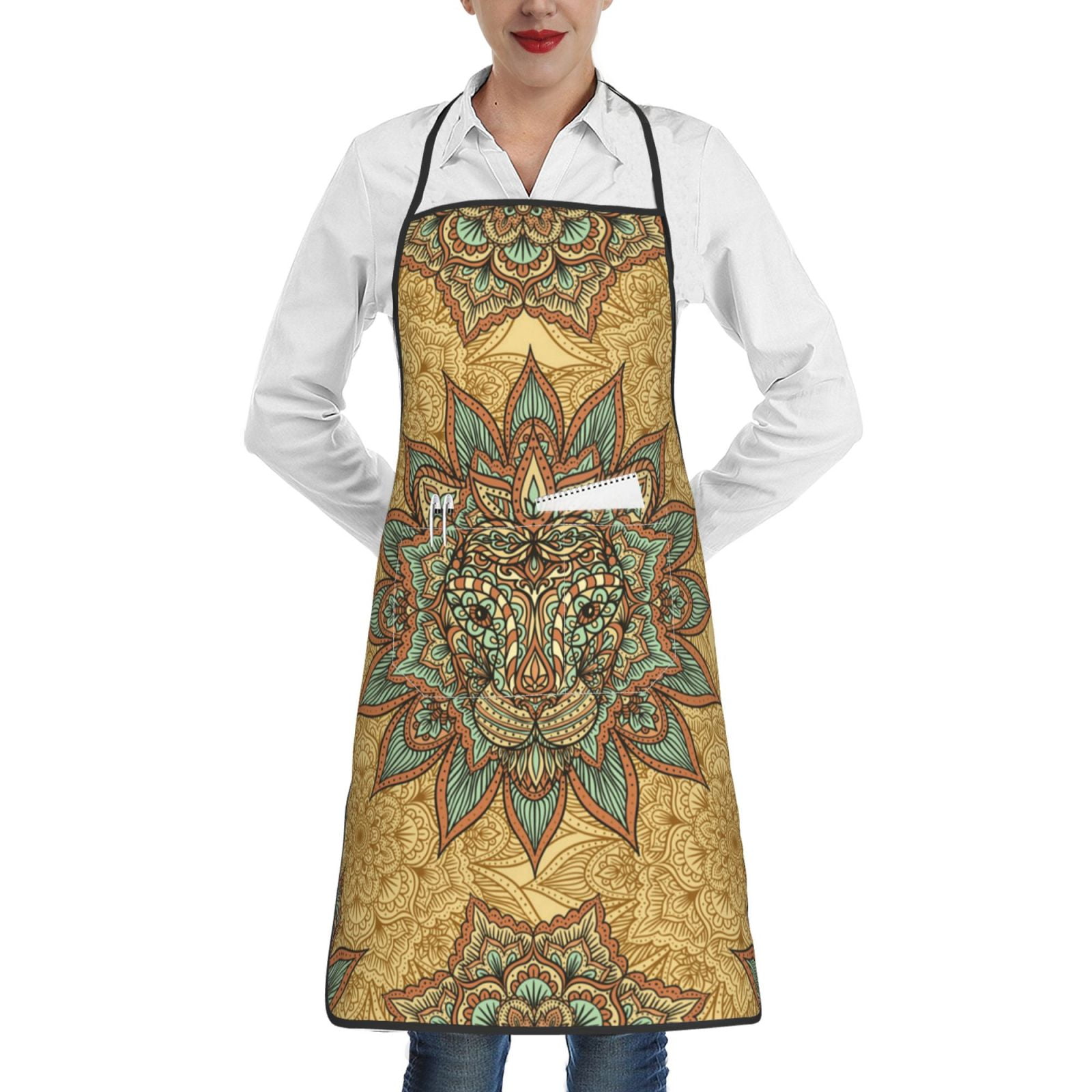 Lion Head Indian Ethnic Apron with Pocket Cooking Waterproof Bib Aprons ...