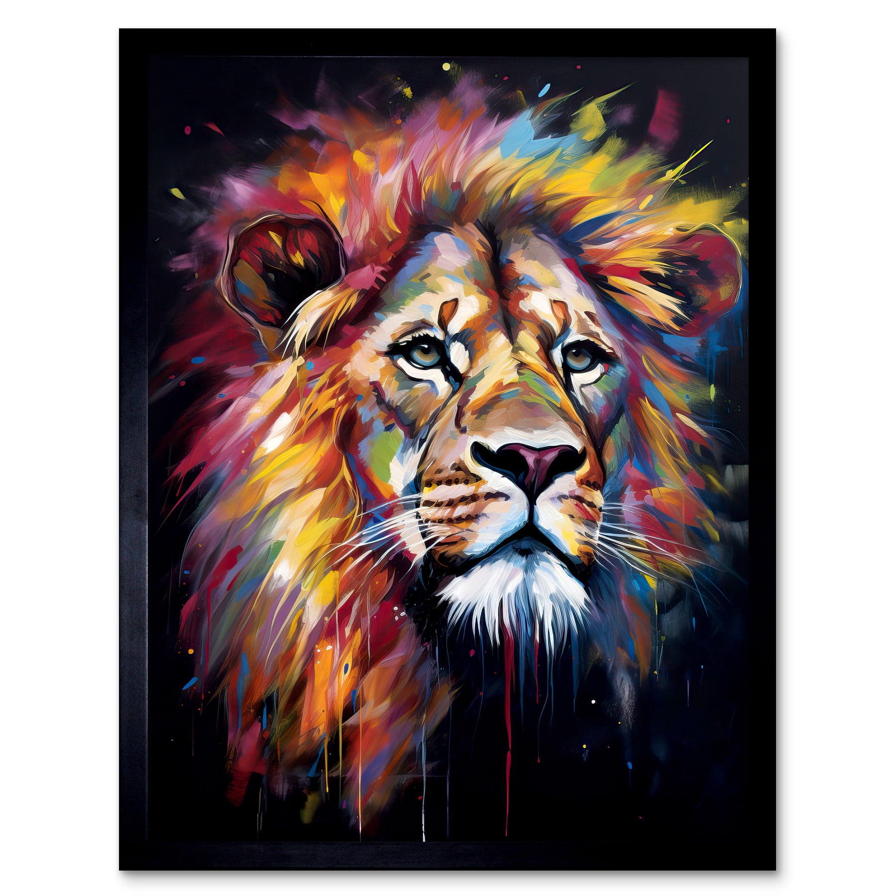 Lion Head Oil Painting Rainbow Colour Mane Hair Vibrant Portrait Art ...