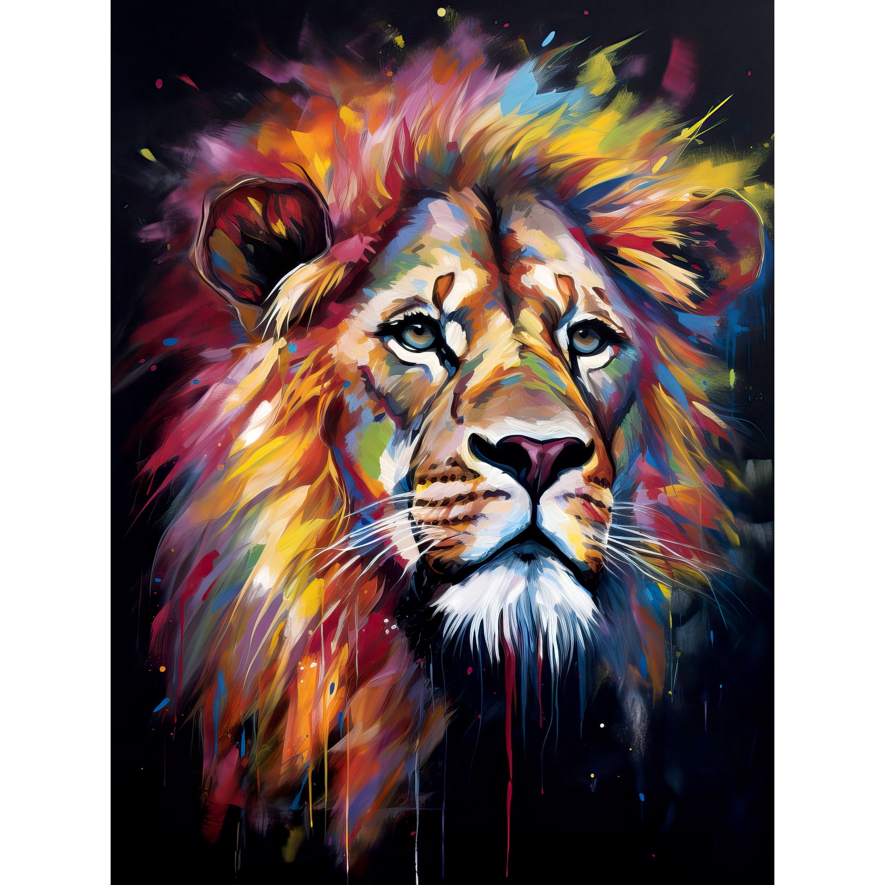 Lion Head Oil Painting Rainbow Colour Mane Hair Vibrant Portrait Large ...