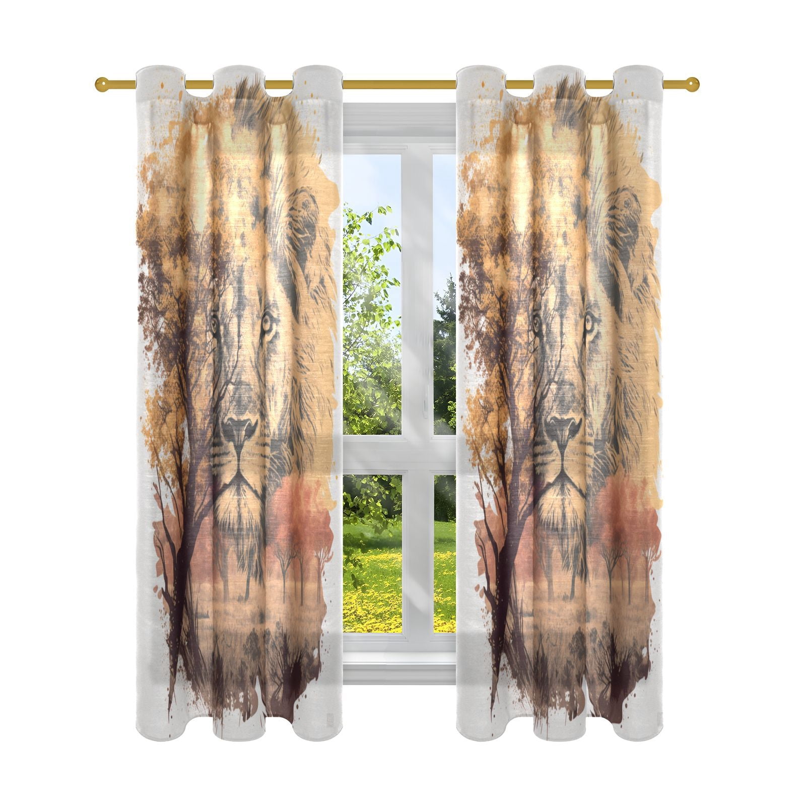 Lion Head Trees Blackout Curtains Patio Door Curtains Window Decoration ...