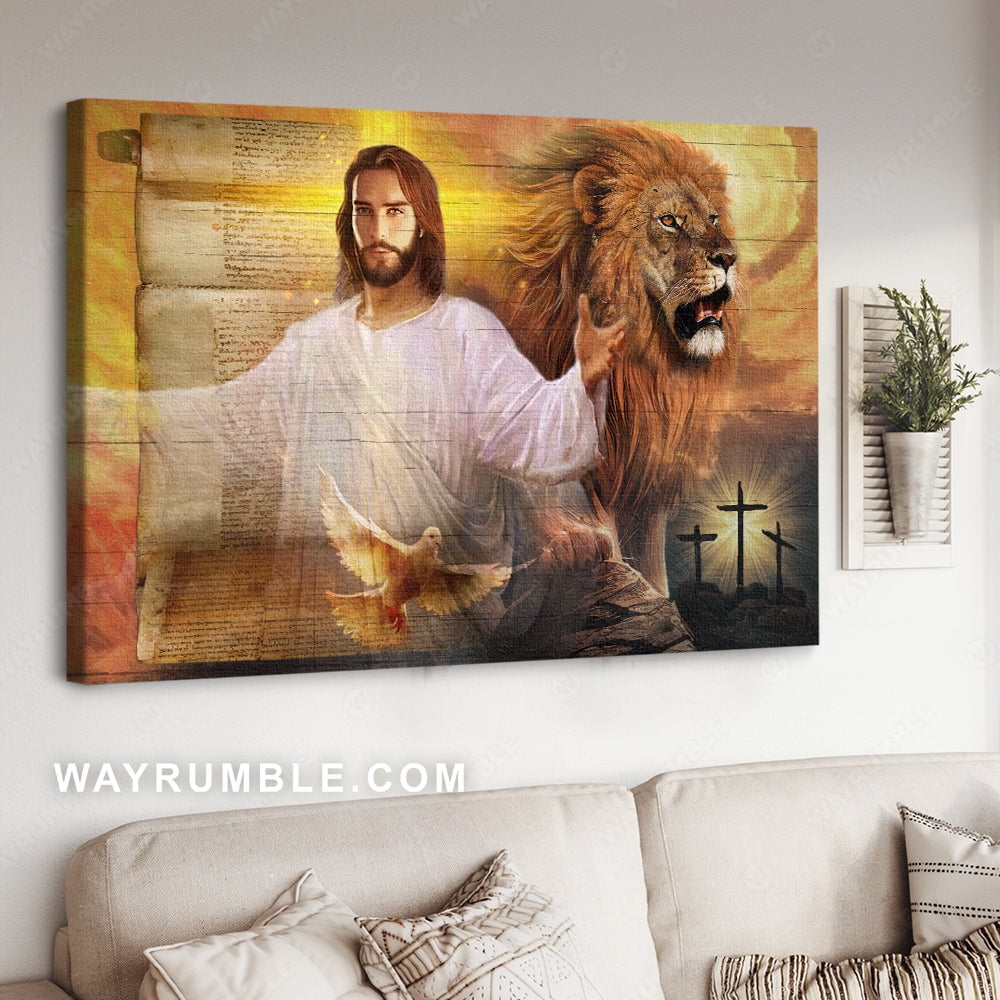 Lion Of Judah, Dove Of Peace, Three Wooden Crosses, Silhouette Of Jesus ...
