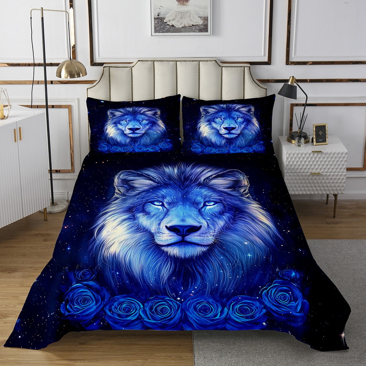 Lion King Quilt Set for Adult Animal Lion Print Bedspread Blue Rose ...