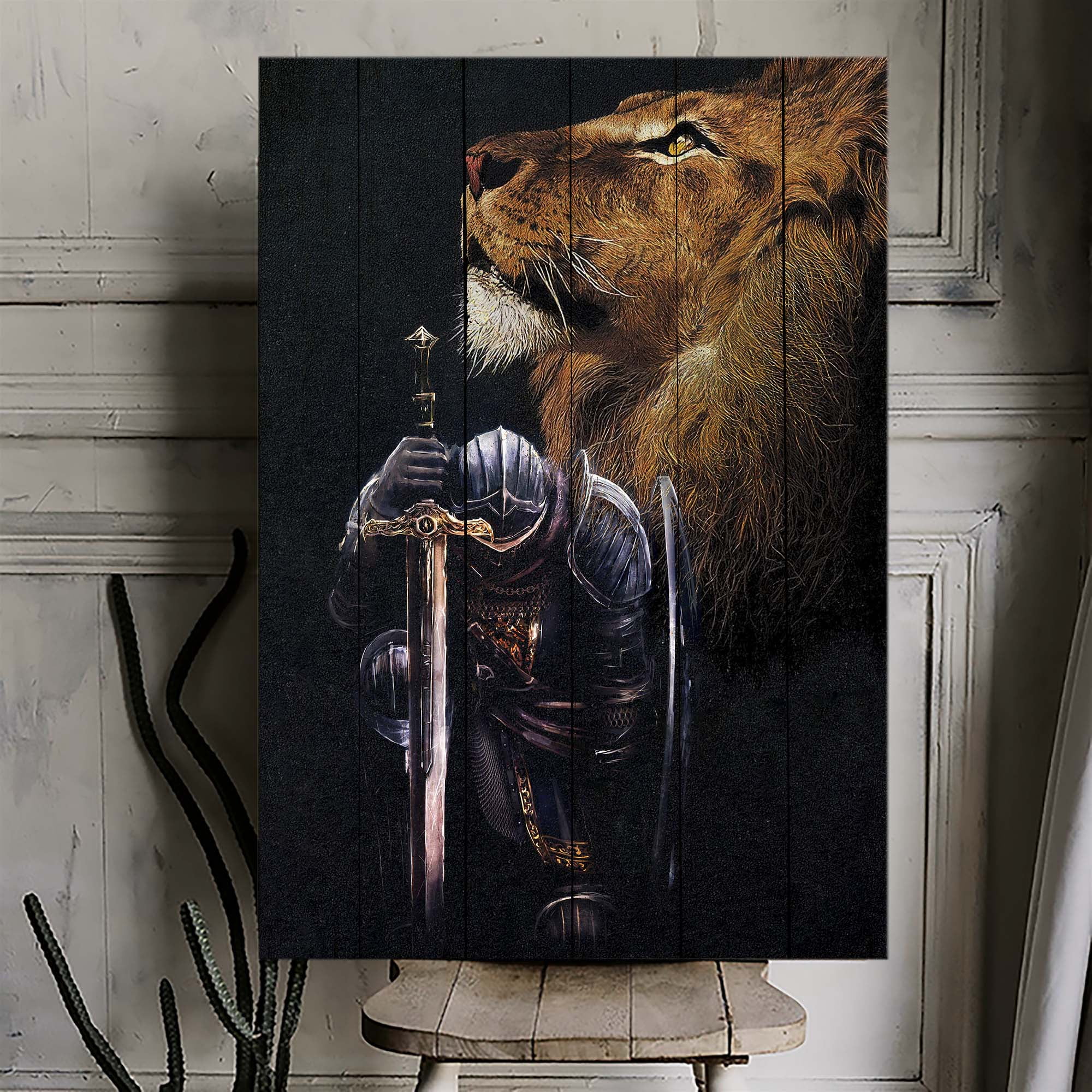 Lion and Knight Canvas Wall Art – Christian Warrior Prayer Print ...