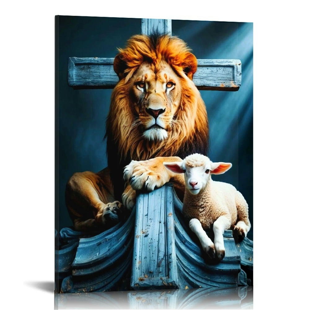 Lion and Lamb Cross Christ Canvas Wall Art Print, Christian Canvas Wall ...