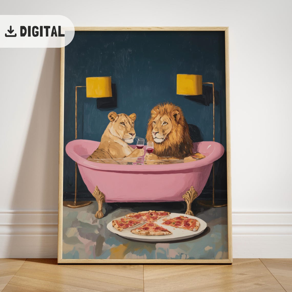 Lion & Lioness Bathroom Print, Romantic Pizza Wine Bathtub Wall Decor ...