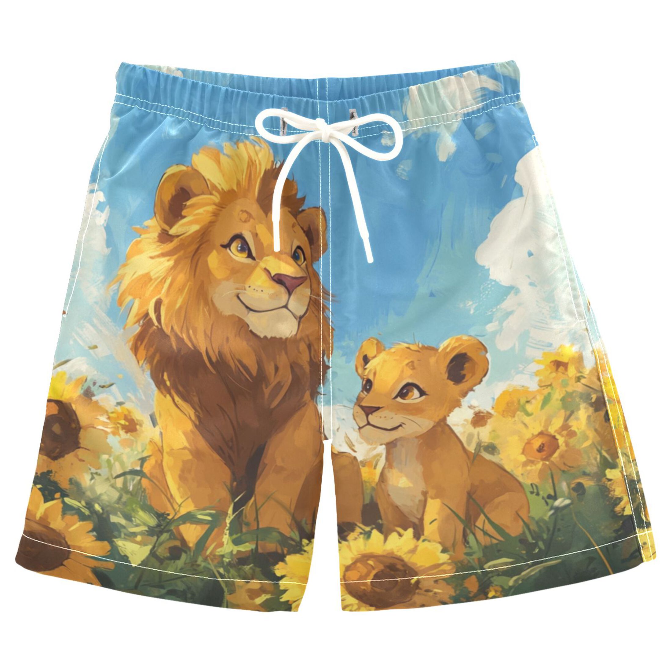 Lion Little Lion Sunflowers Clouds Boys' Beach Pants Board Shorts Swim ...