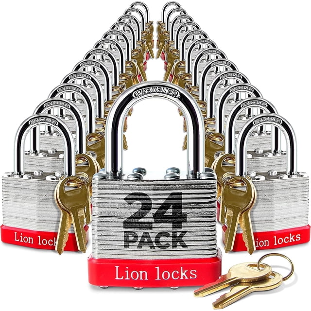 Lion Locks 24 Keyed-Alike Padlocks w/ 1.25" Shackle, 48 Keys, Hardened ...