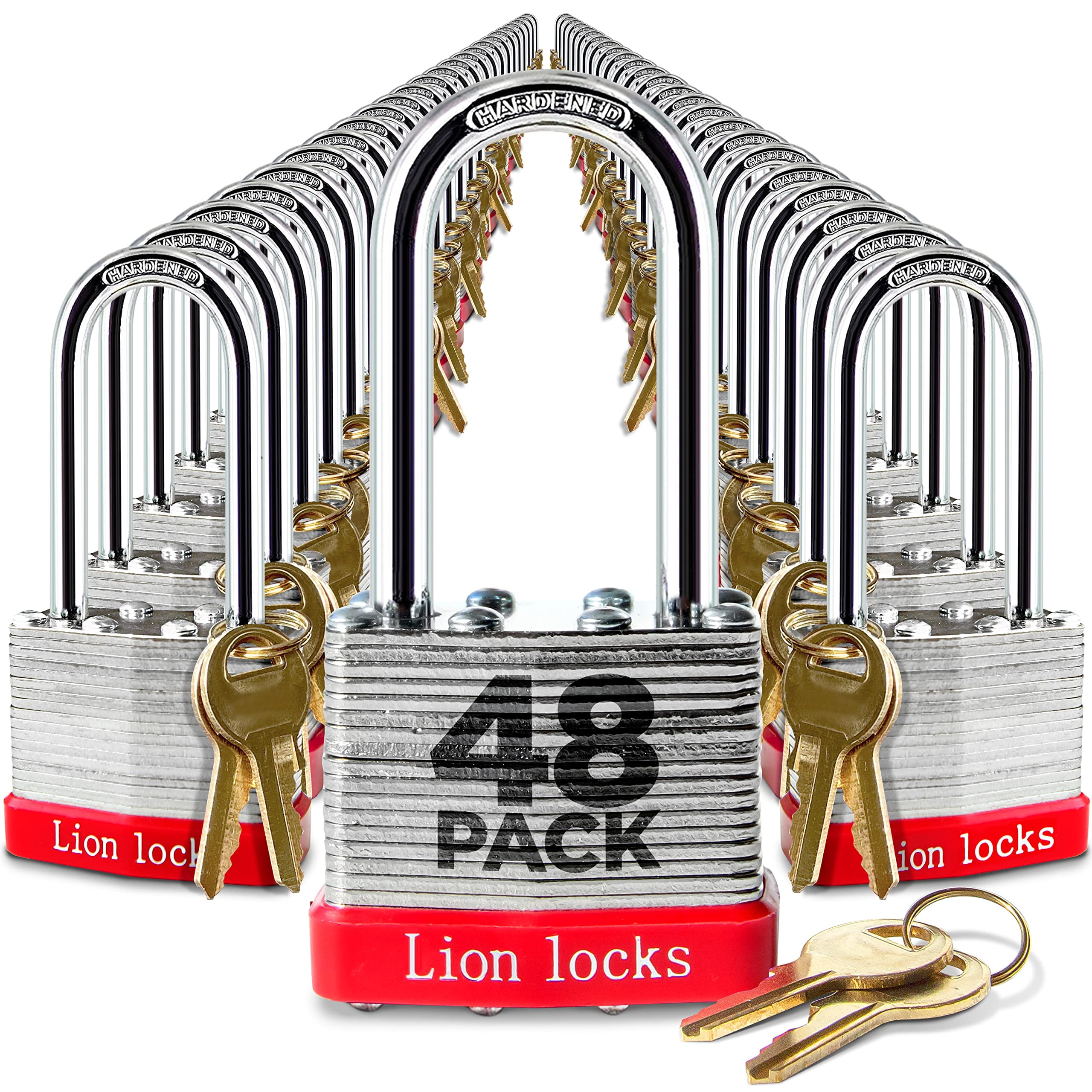 Lion Locks 48 Keyed Alike Padlocks with 2" Long Shackle, 96 Keys - Padlocks for Outdoor Use with ...