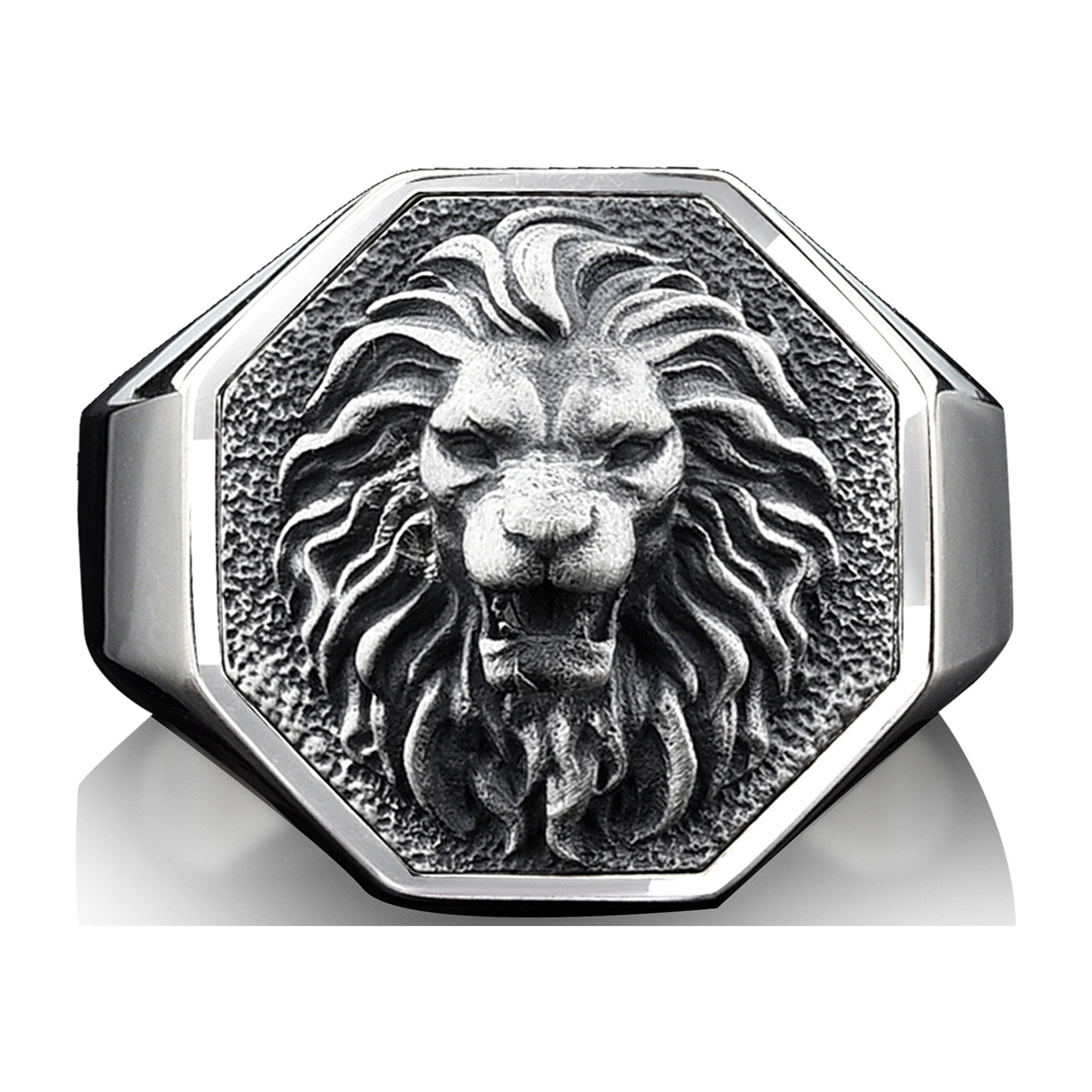 Lion Men's Ring, Handmade Sterling Silver Lion Signet Men Ring, Wild ...