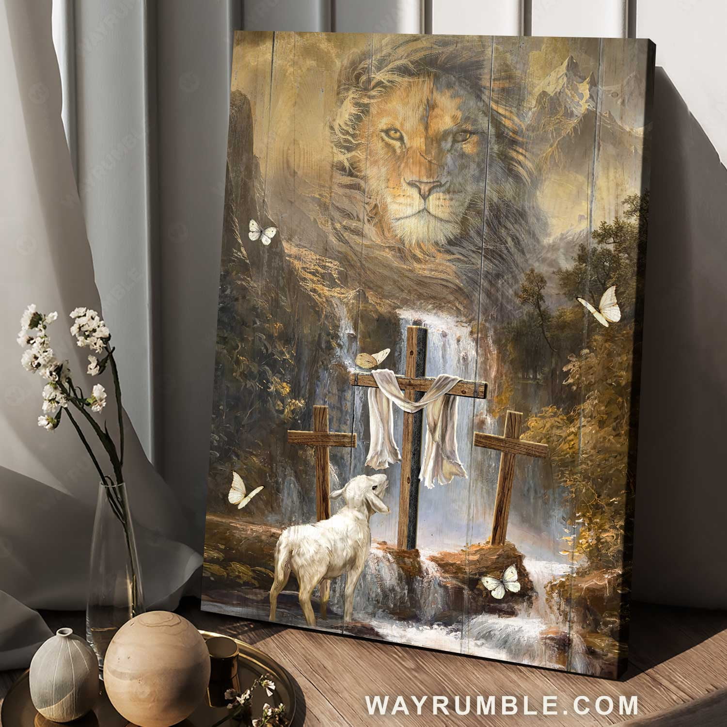 Lion Of Judah, Stunning Painting, Wooden Cross, Lamb Of God - Jesus ...