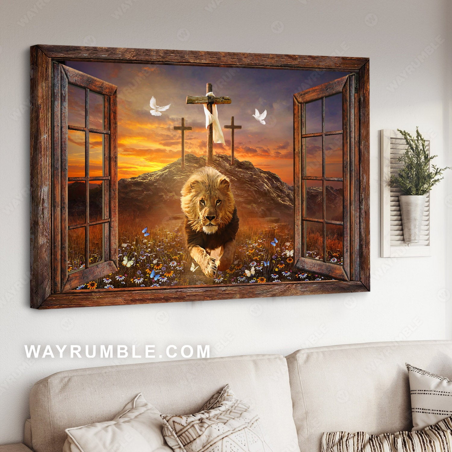 Lion Of Judah, Window Frame, Sunset Painting, The Three Crosses - Jesus ...