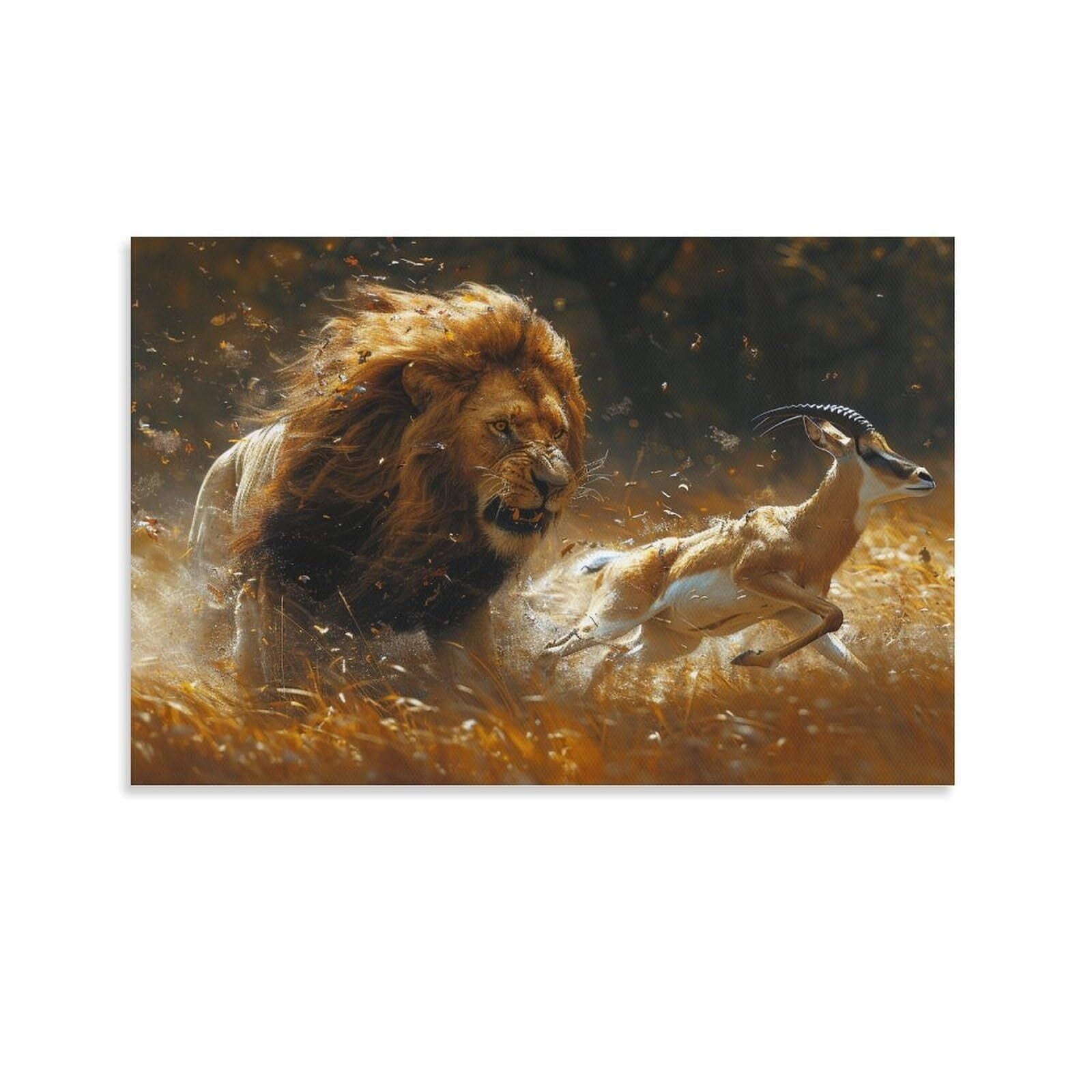 Lion Poster,A Ferocious Lion Is Chasing An Antelope at Wild Grass Canvas Wall Art Aesthetic ...