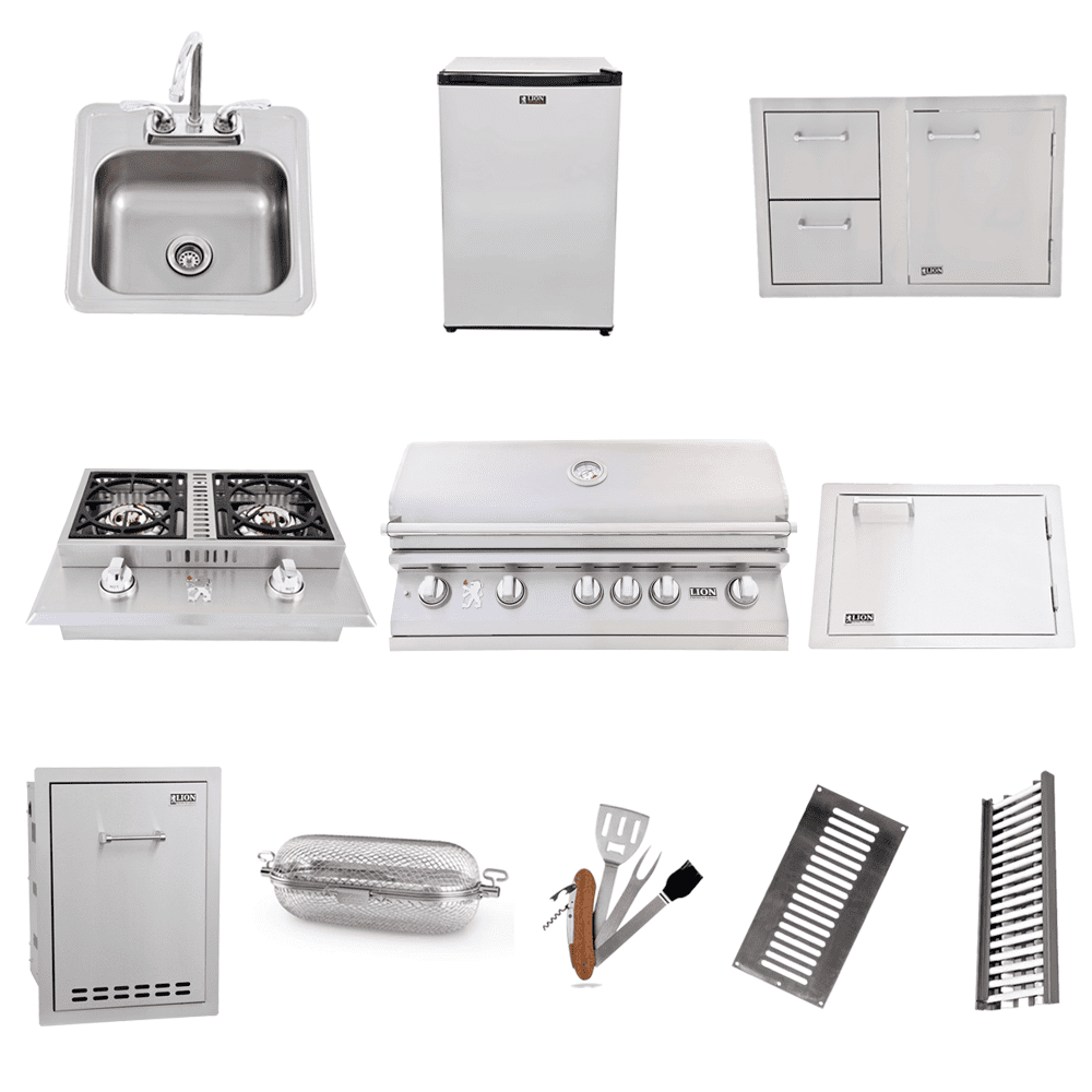 Lion Premium Outdoor Grill Kitchen Package#8 | 40" Propane Grill Set | Double Side Burner, Door ...
