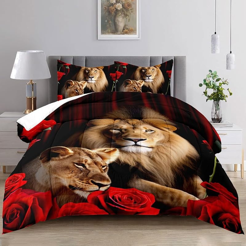 Lion Print Comforter Set King 3 Piece, Red Black Animal Bedding for ...