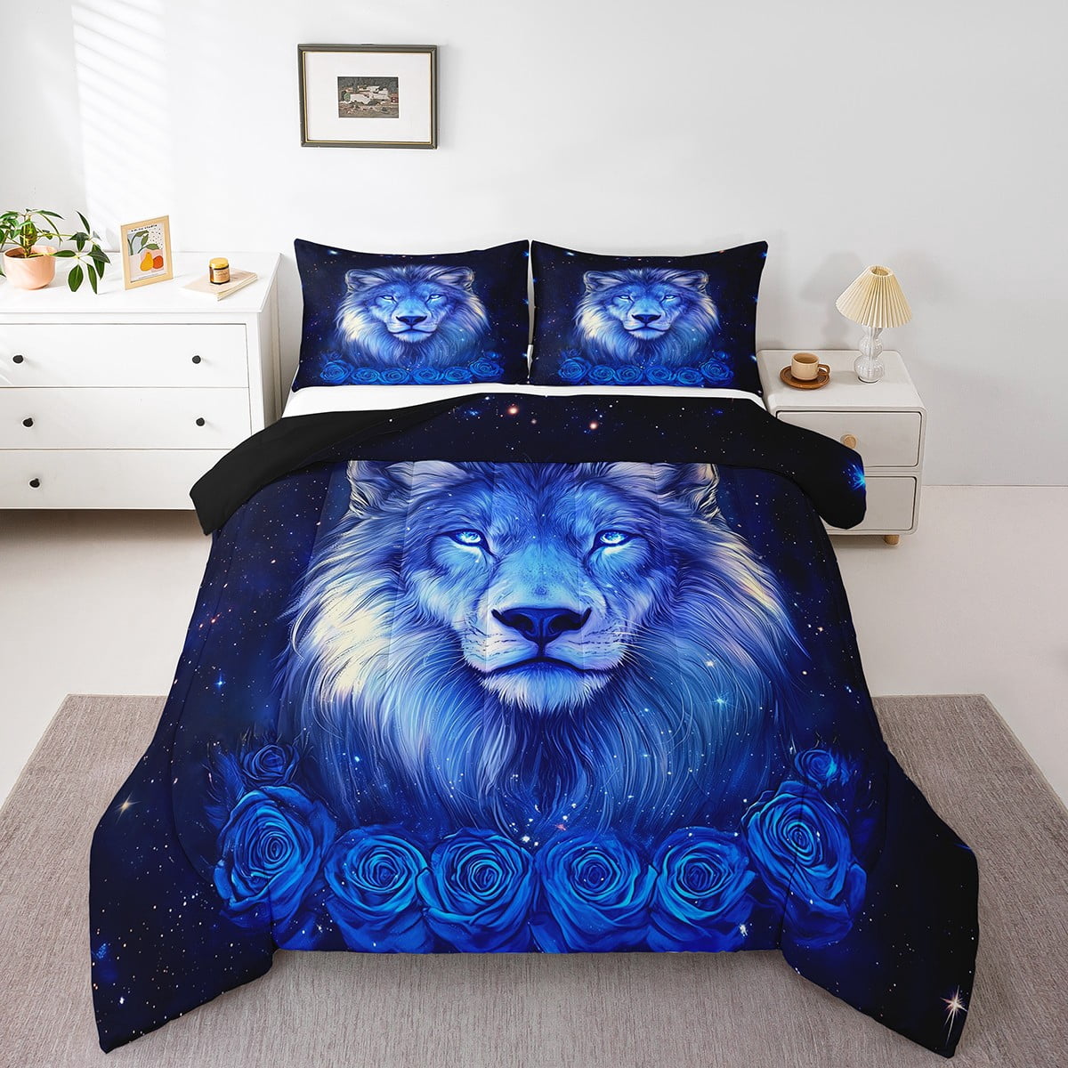 Lion Queen Comforter Set for Adult Animal Lion Print Bedding Sets Blue ...