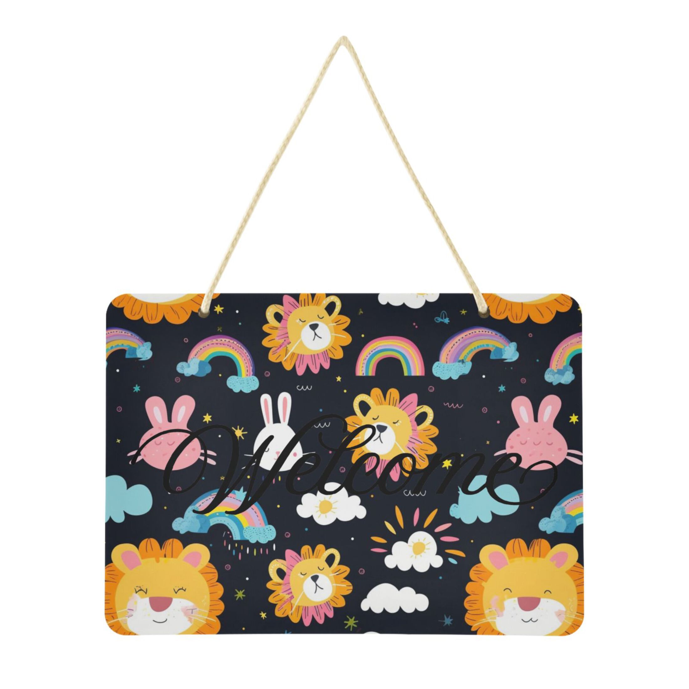 Lion Rabbit Faces Welcome Sign Front Door PVC 14x10 inch Hanger Hello ...