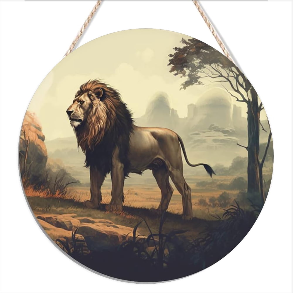 Lion Rustic Round Hanging Wood Sign, Welcome Sign Wooden Plaques ...