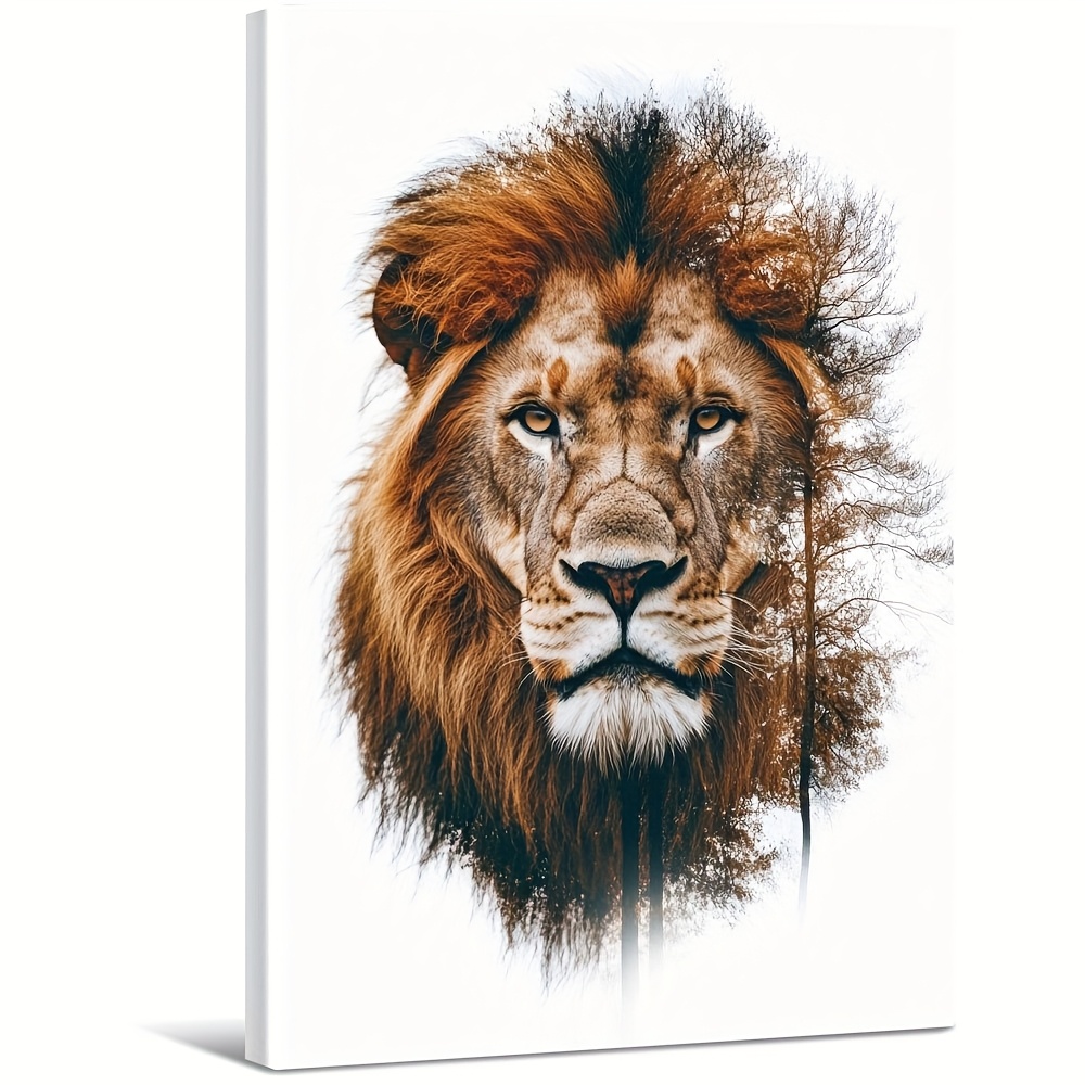 Lion'S Face With Tree In Mane Large Wooden Framed Wall Art Home Decor ...