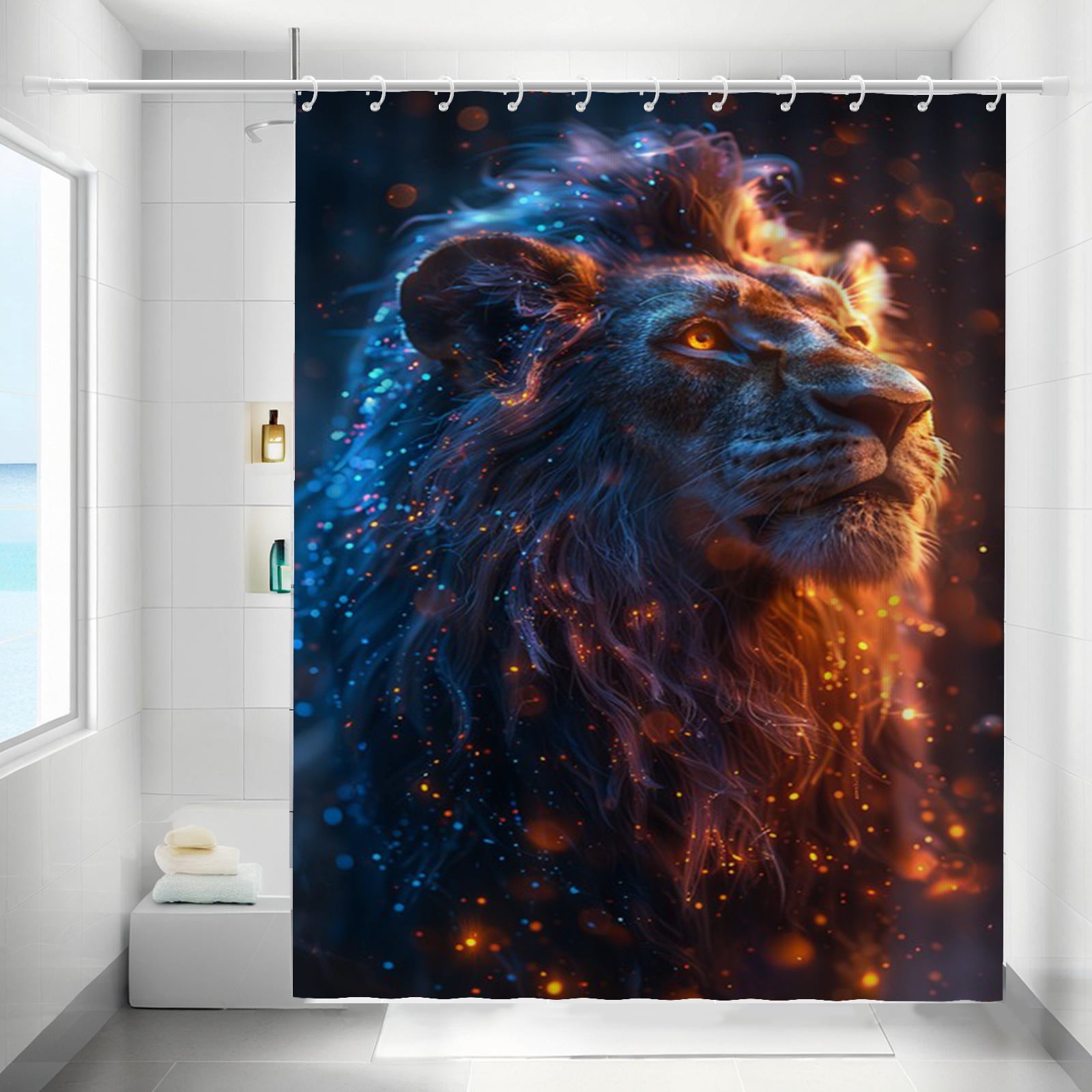 Lion Shower Curtain Red Blue Majestic Wildlife Lion Waterproof Bathroom ...