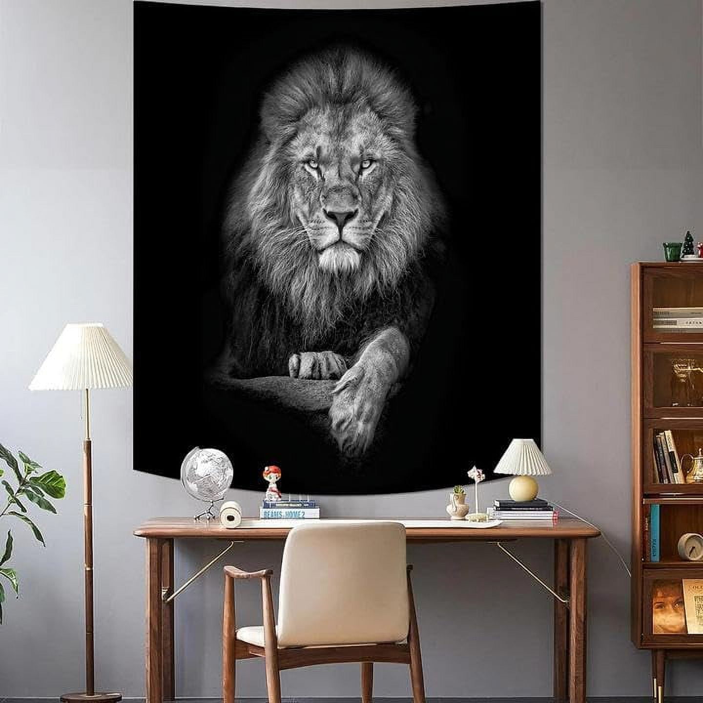 Lion Tapestry, Black Tapestry, Wild Animal African Lion on Black ...