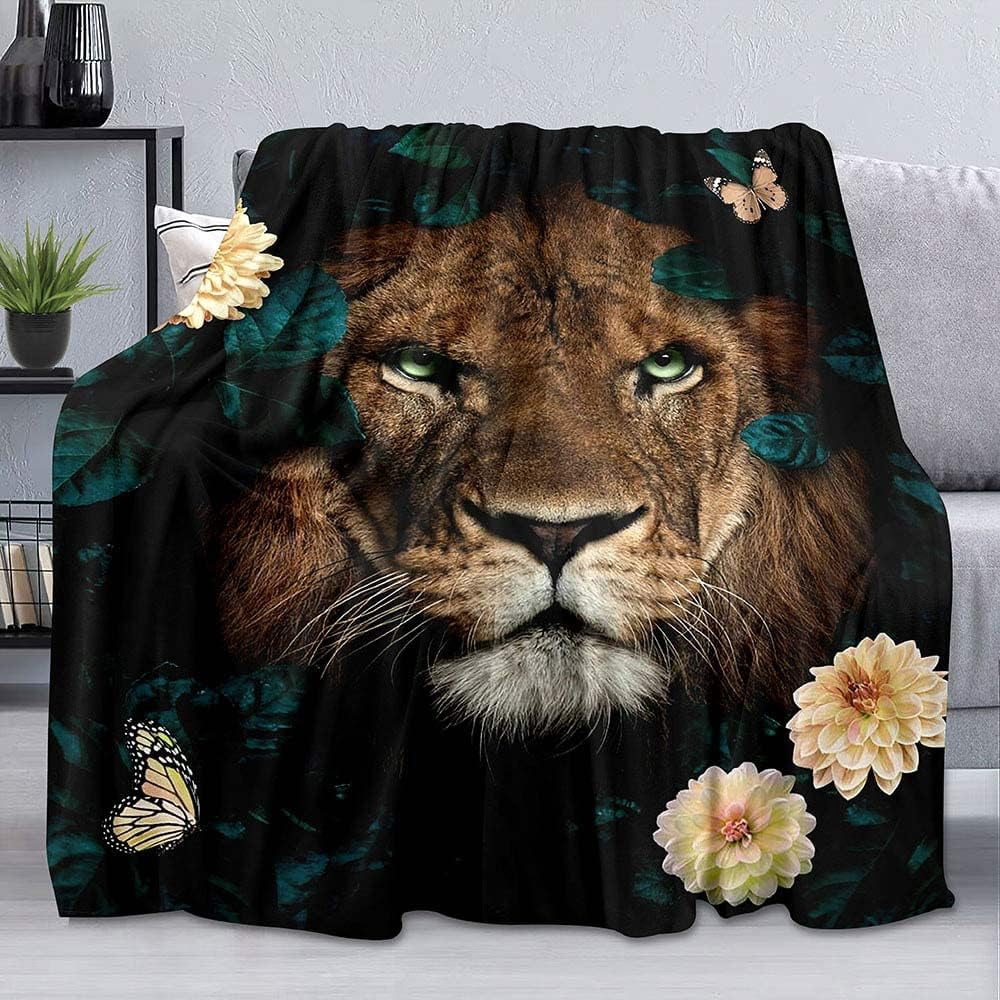 Lion Throw Blanket, Jungle Green Plant Butterfly Dahlia Flower Floral ...