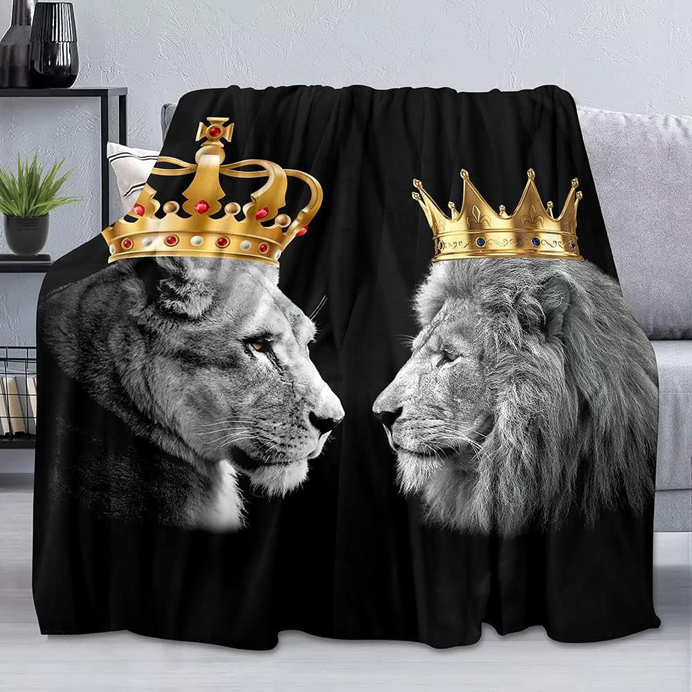 Lion Throw Blanket, Lion King and Queen Gold Crown Safari Wild Animal ...