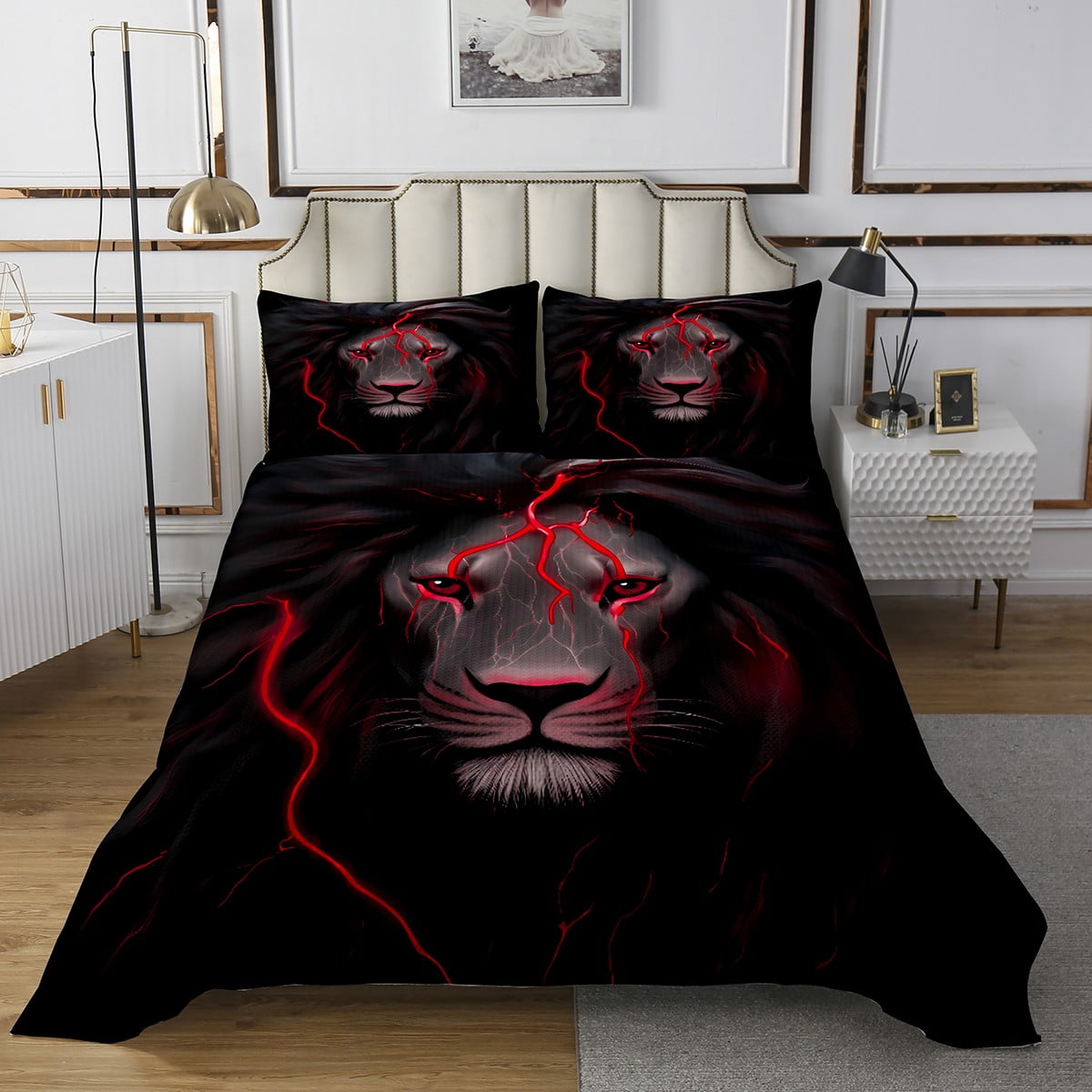 Lion Twin Bedspread Set Teen Men,Black And Red Lightning Animal Quilt ...
