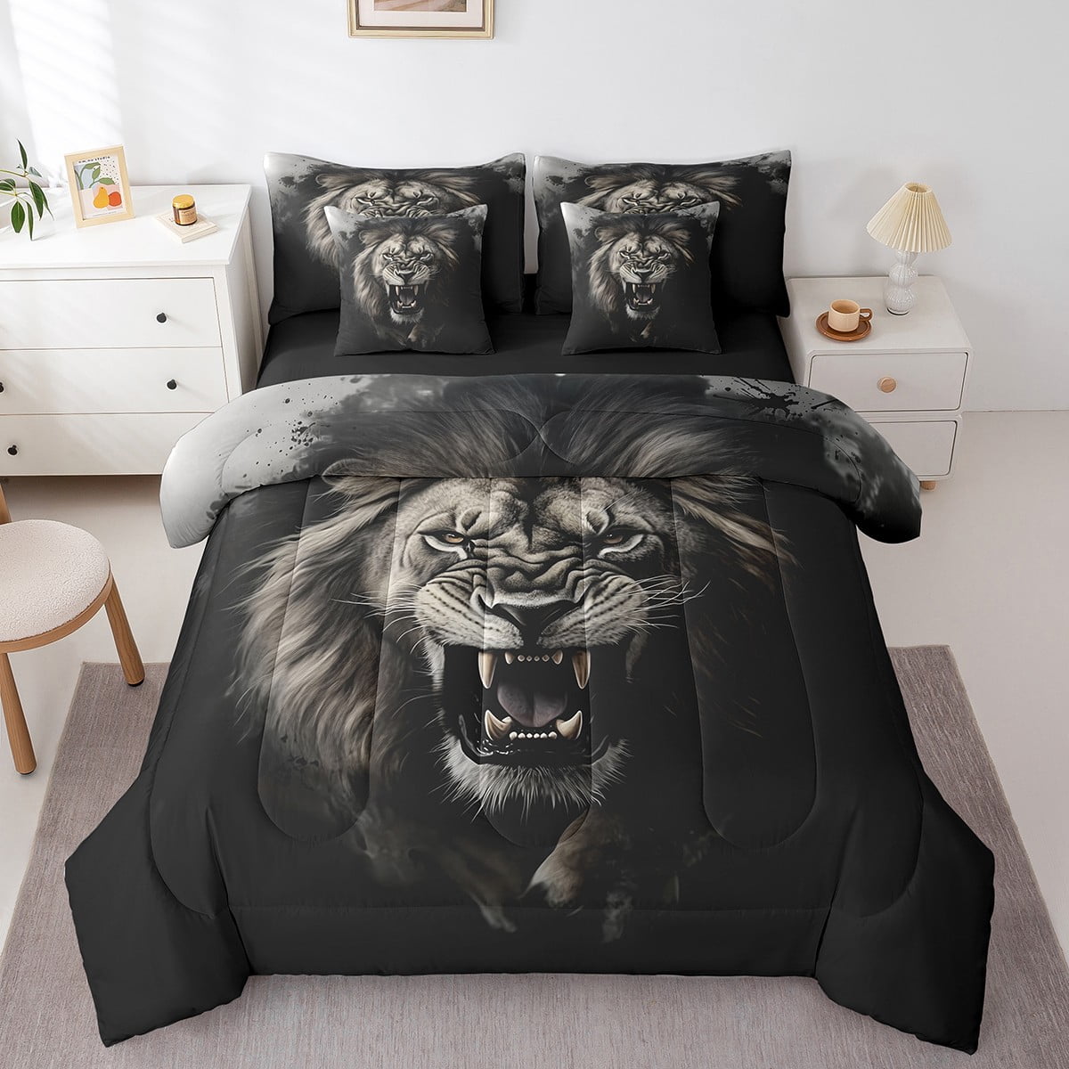 Lion Twin Comforter Set 7 Piece Men,3D Howling Lion Bedding Set Safari ...