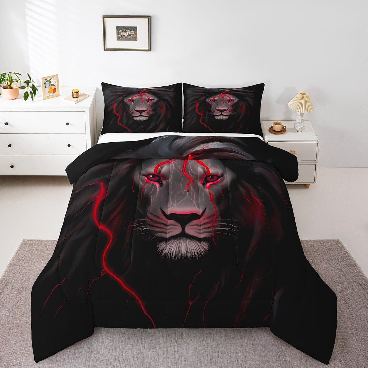Lion Twin Comforter Set Teen Men,Black And Red Lightning Animal Bedding ...