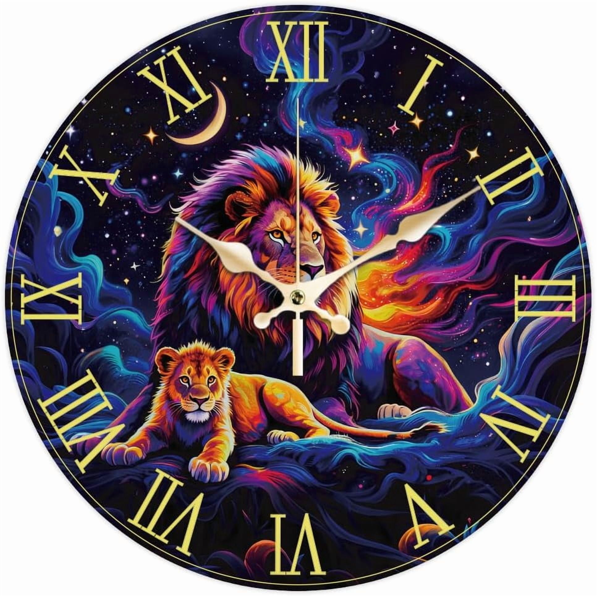 Lion Wall Clock 12 Inch Starry Sky Clock Battery Operated Silent Non ...