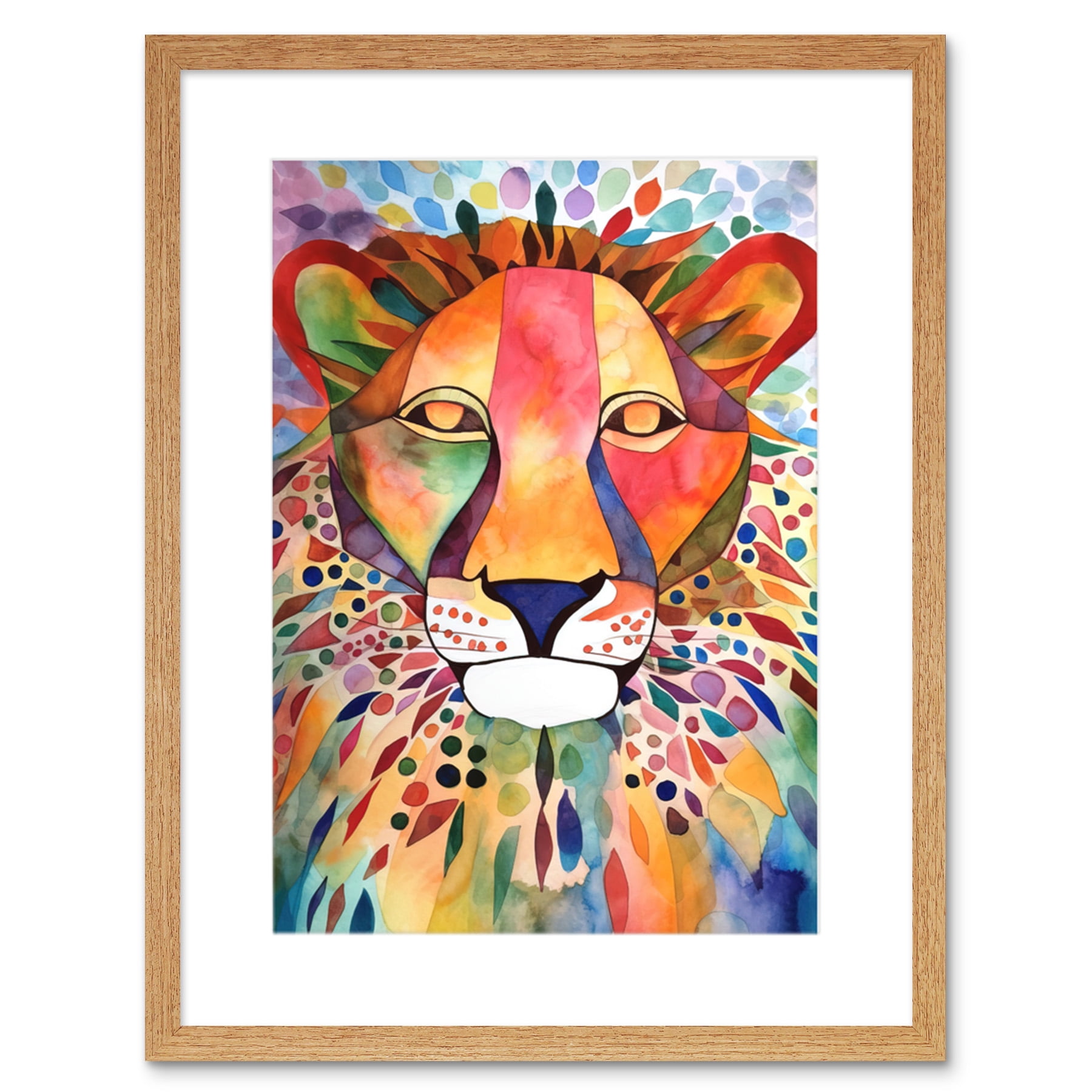 Lion With Multicoloured Pattern Mane Folk Art Watercolour Painting ...