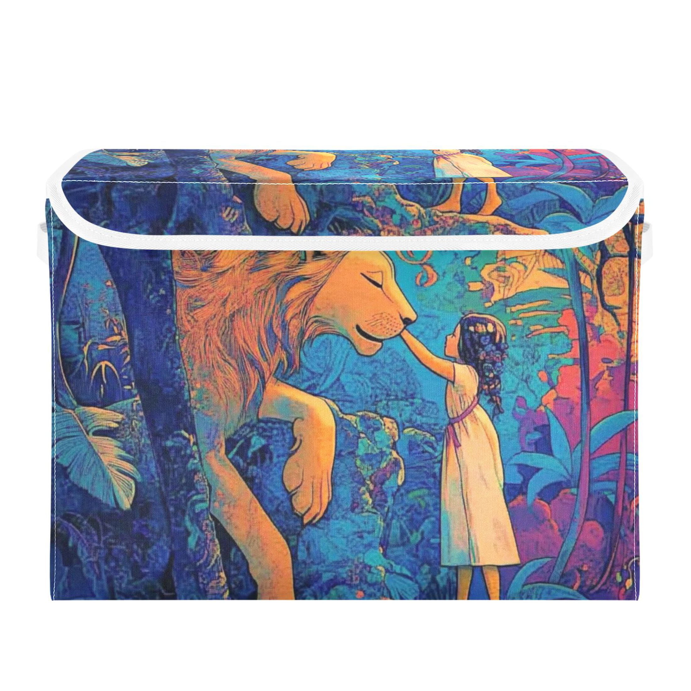 Lion and Girl Large Storage Bins with Linen Collapsible Lid Storage Box ...