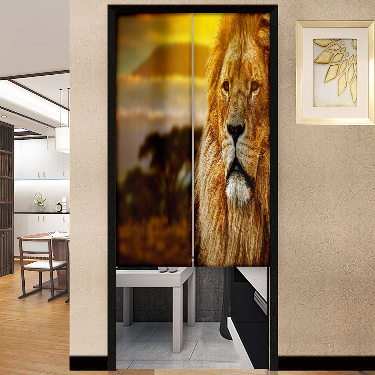 Lion and Tiger Black Background Japanese Door Curtain Kitchen Partition ...