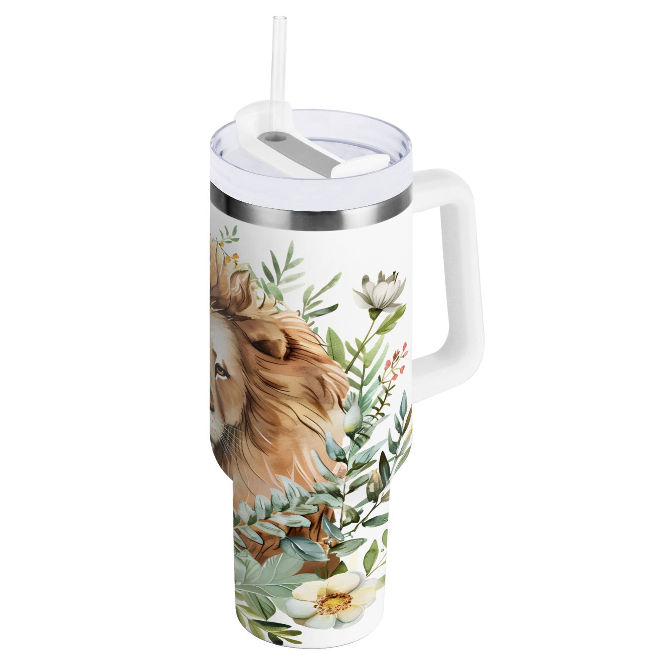 Lion in Leaves Tumbler with Handle and Straw Lid 40 oz Insulated Vacuum ...