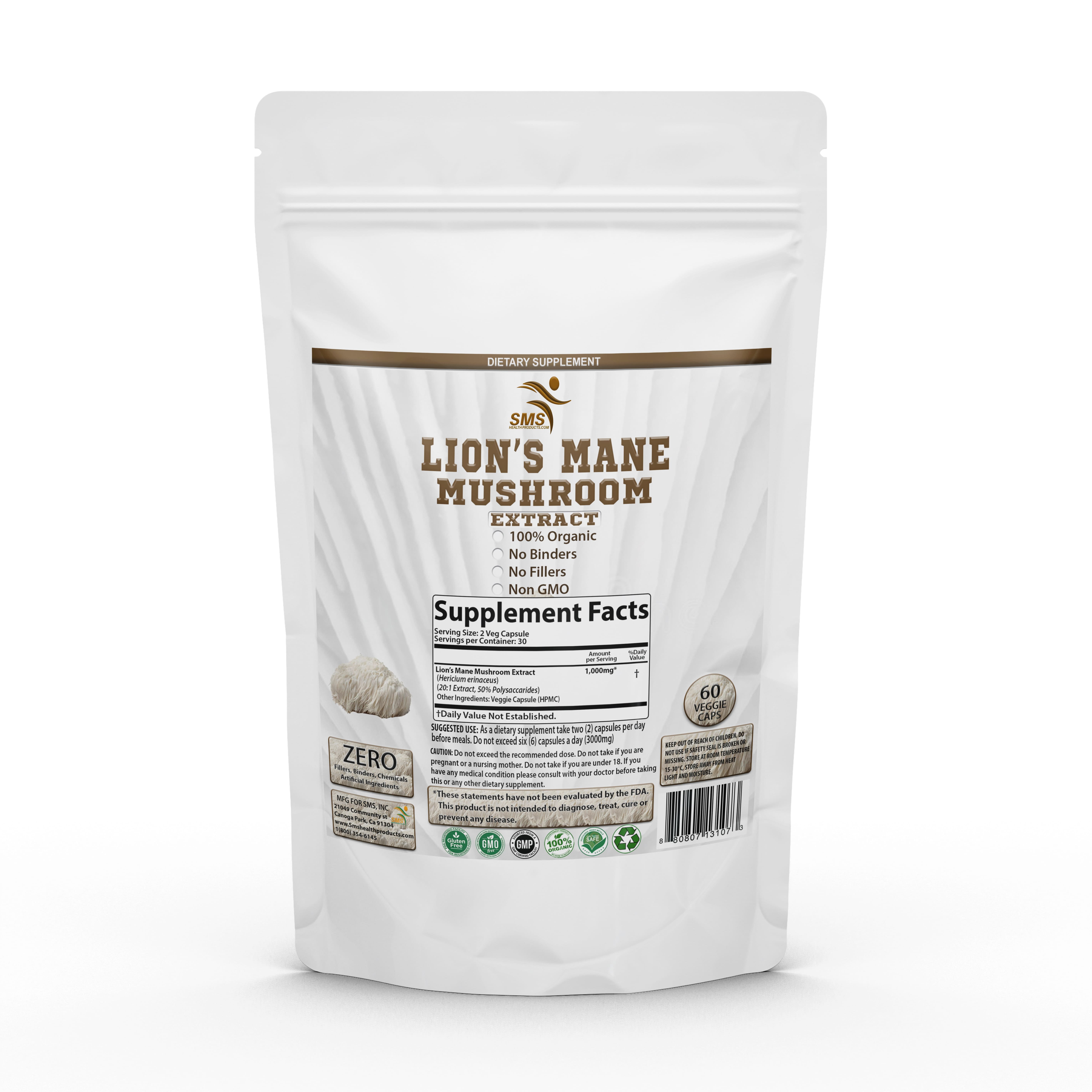 Lion’s Mane Cognition Organic Mushroom Powder 60 Veggie Capsules Non ...