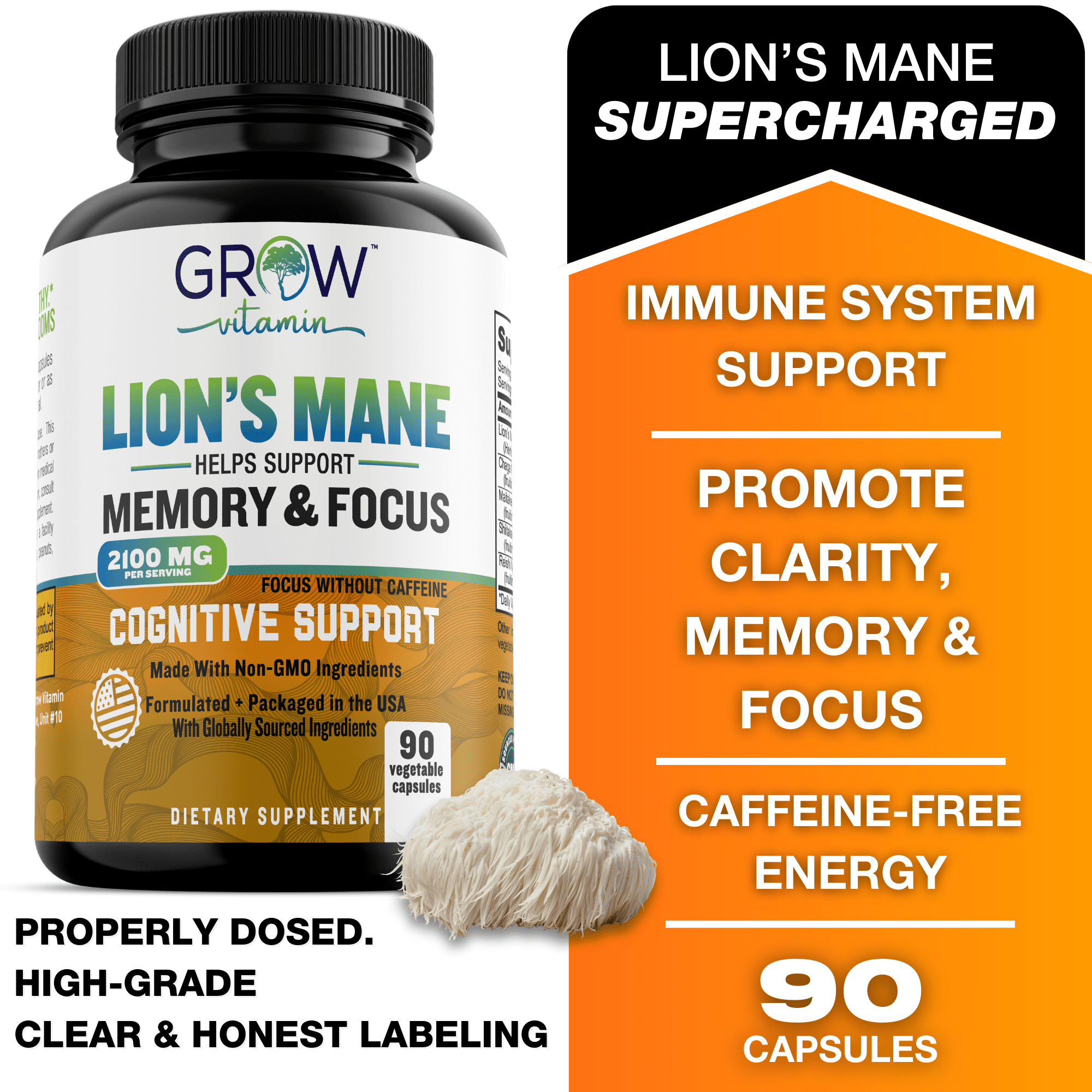 Lion's Mane Smart Shrooms, 2,100 mg, for Men & Women - Caffeine-Free ...