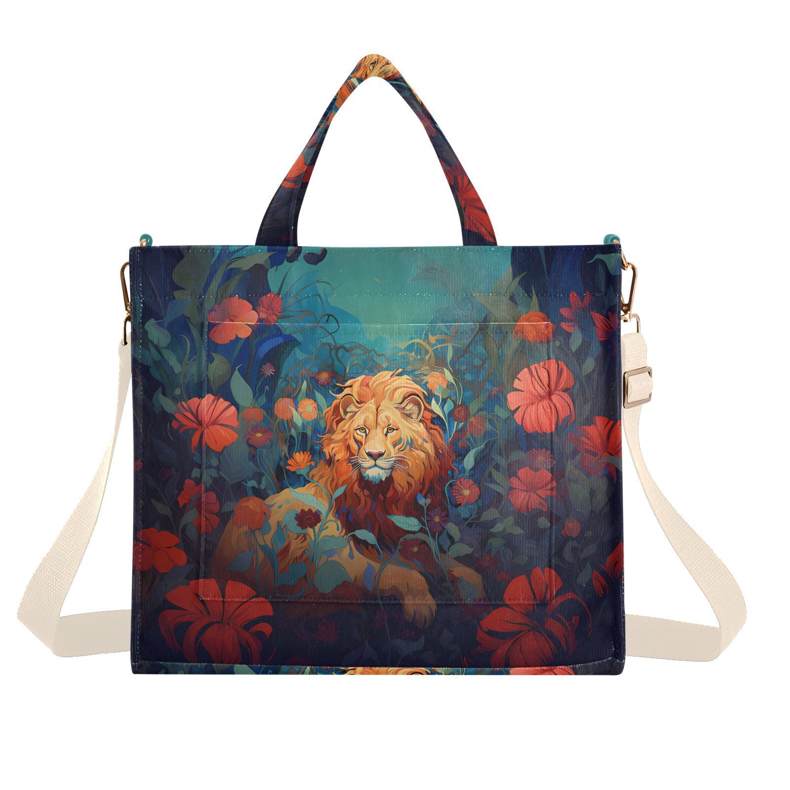 Lion with Flowers Leaves Corduroy Tote Bag Handbag Large Messenger Bag ...