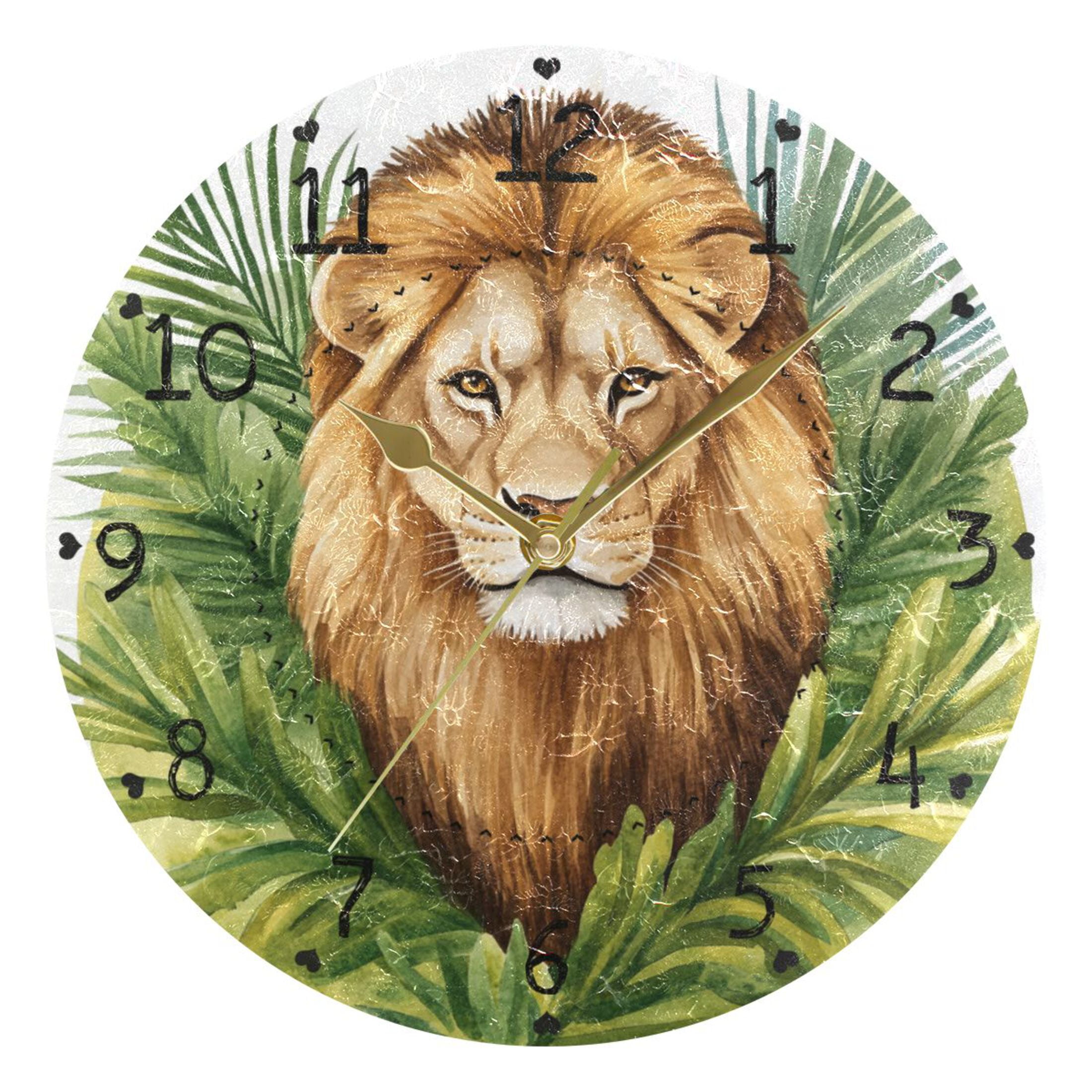 Lion with Palm Leaf Watercolor Round Wall Clock Silent Battery Operated ...