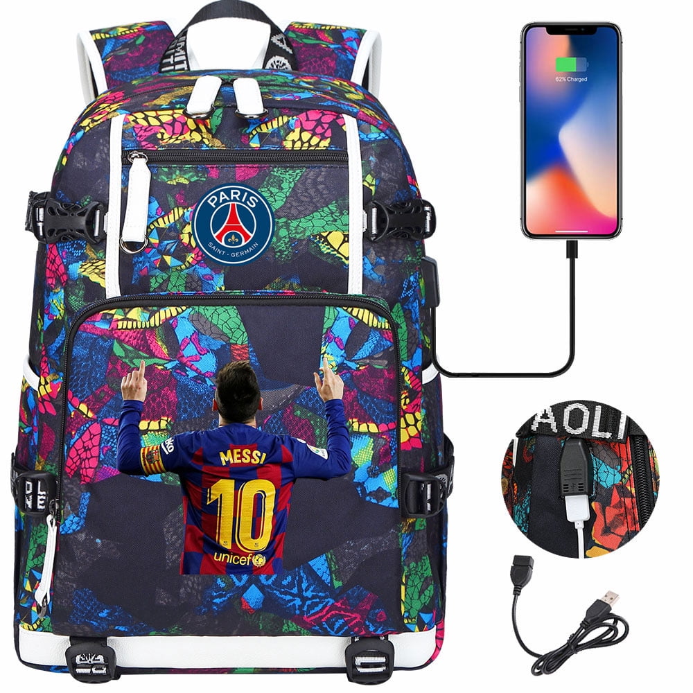 Lionel Messi Cartoon Backpack with USB Charging Port and 15-inch Laptop ...