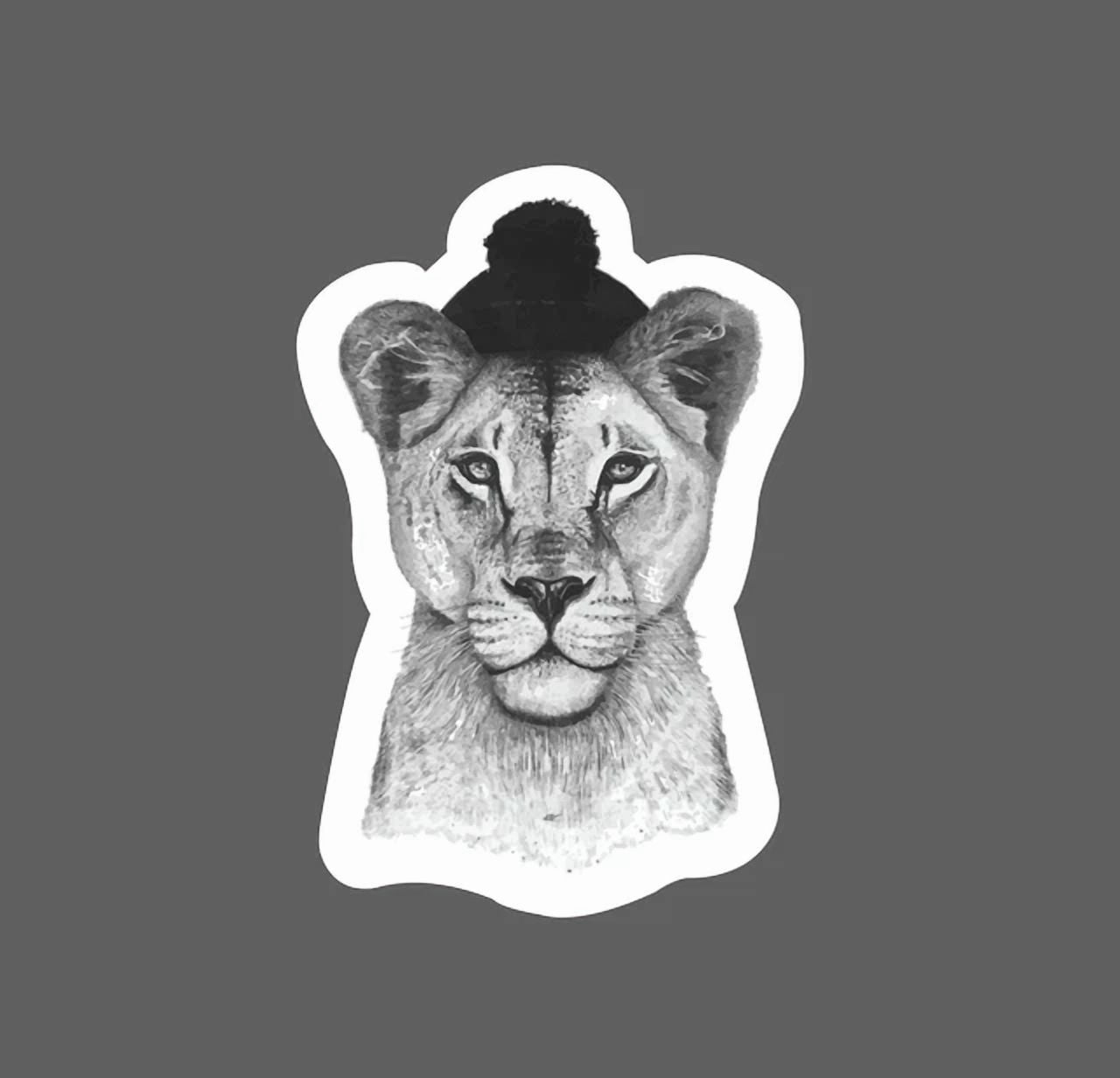 DOPASTICKER Lioness Sticker Winter Hat Lion Animal Cute Sticker Phone ...