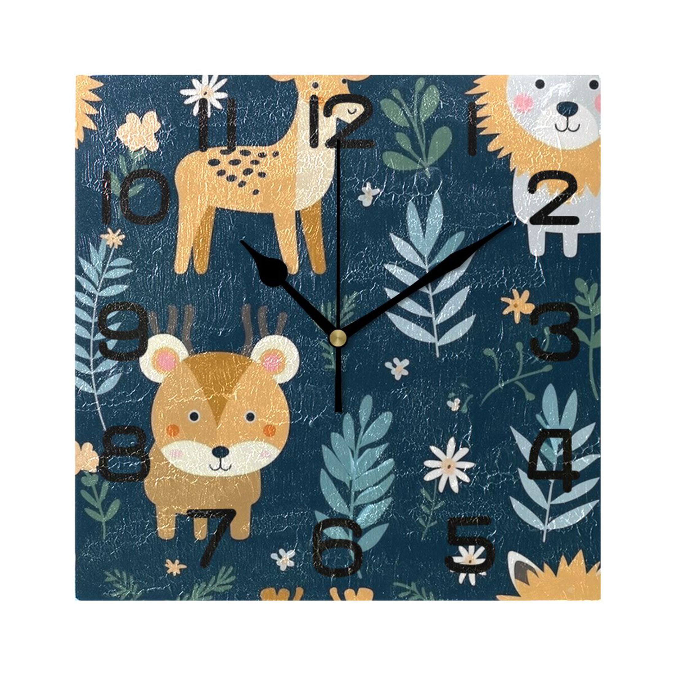 Lions Cats Giraffe Cartoon Wall Clock Square Silent Non-Ticking Battery ...