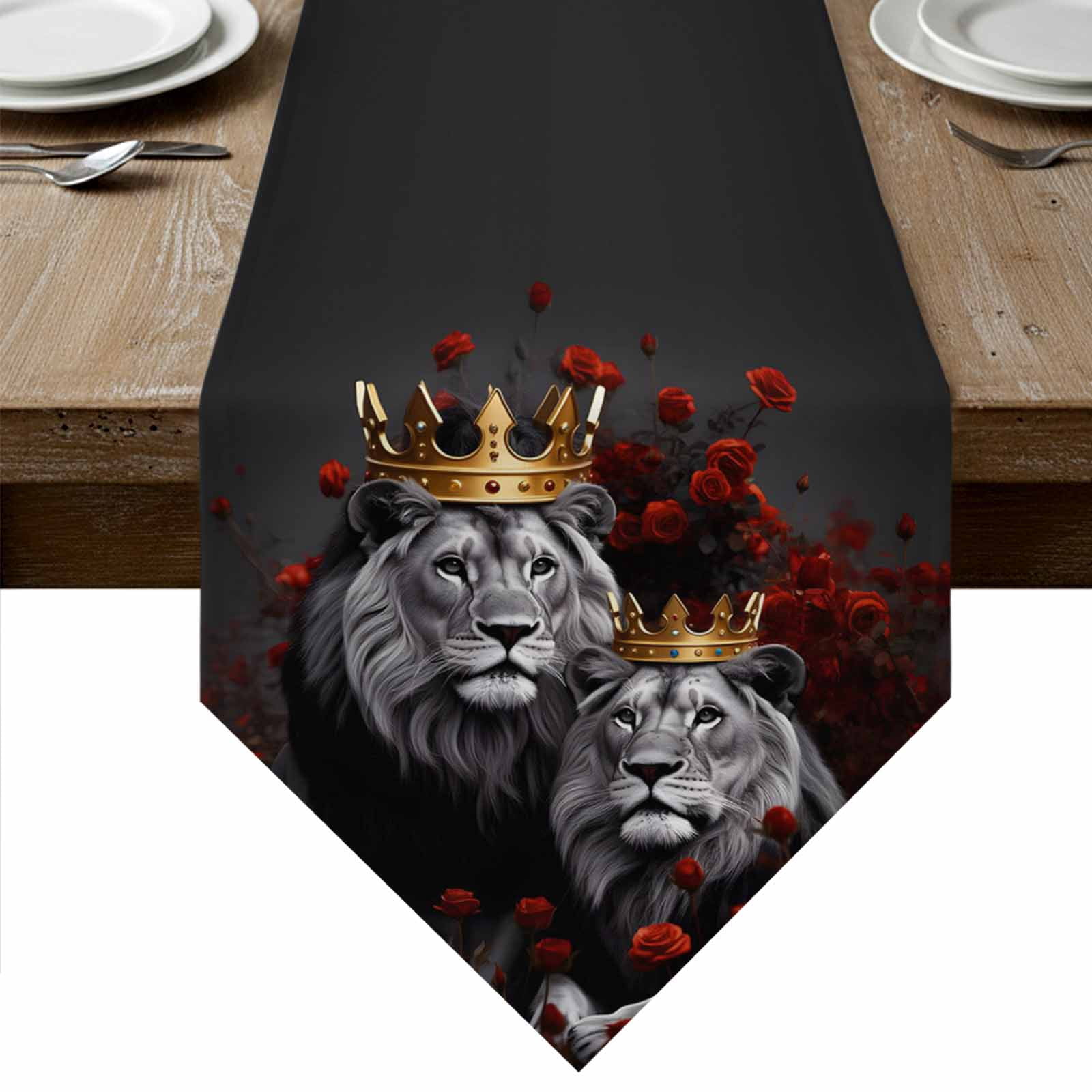 Lions Couples Table Runner Linen Burlap Table Runner 108 Inches Long ...