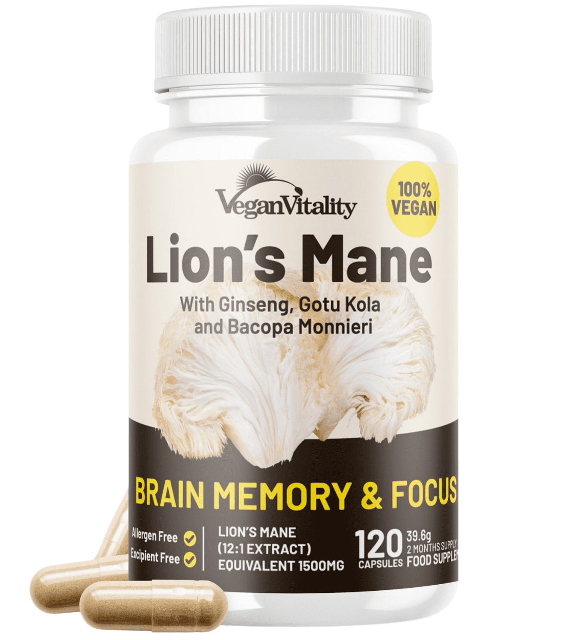 Vegan Vitality Lions Mane Mushroom Supplement for Adults, Brain and ...