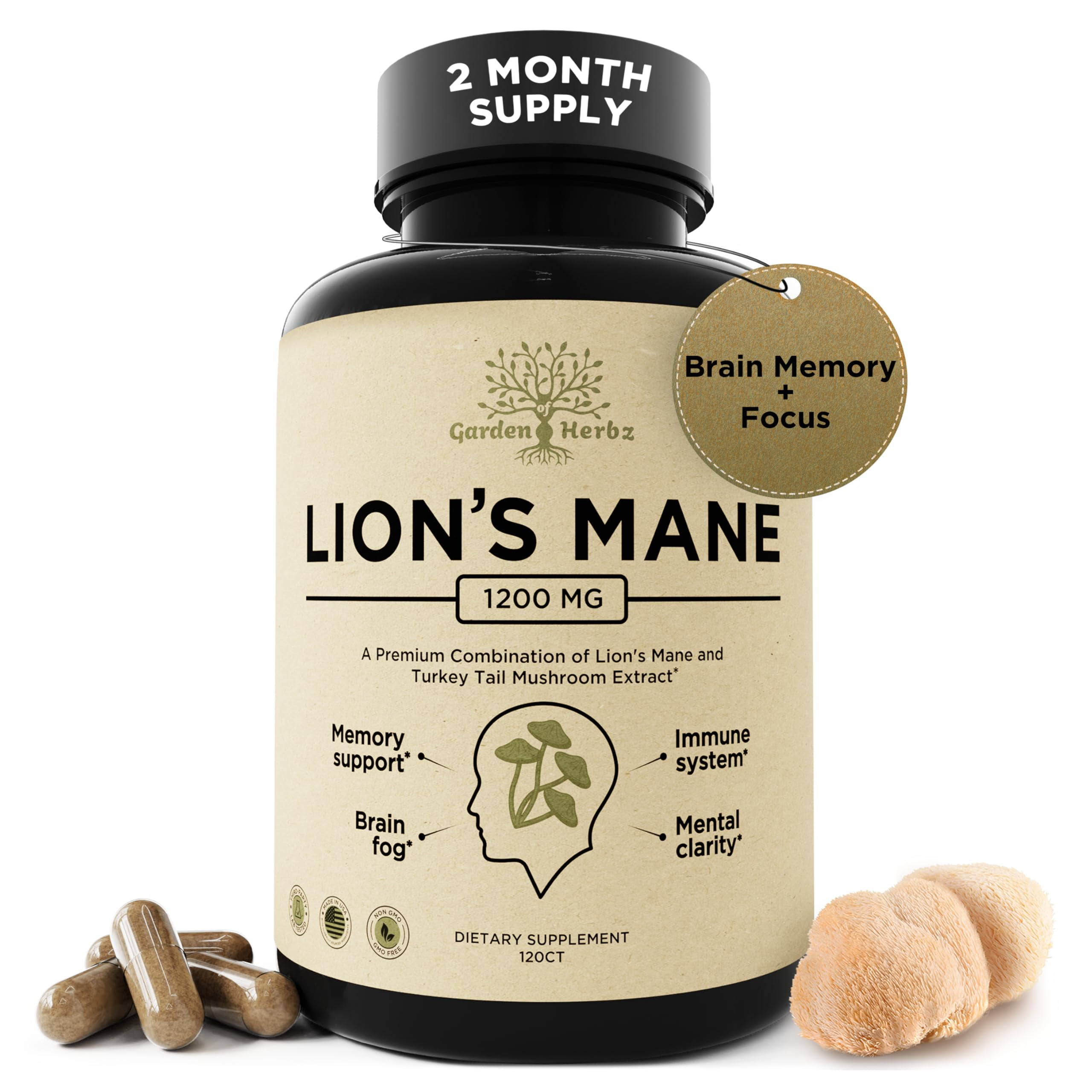 Lions Mane Supplement Capsules with Turkey Tail â€“ Nootropic Brain Fog, Focus, Memory, Nerve ...
